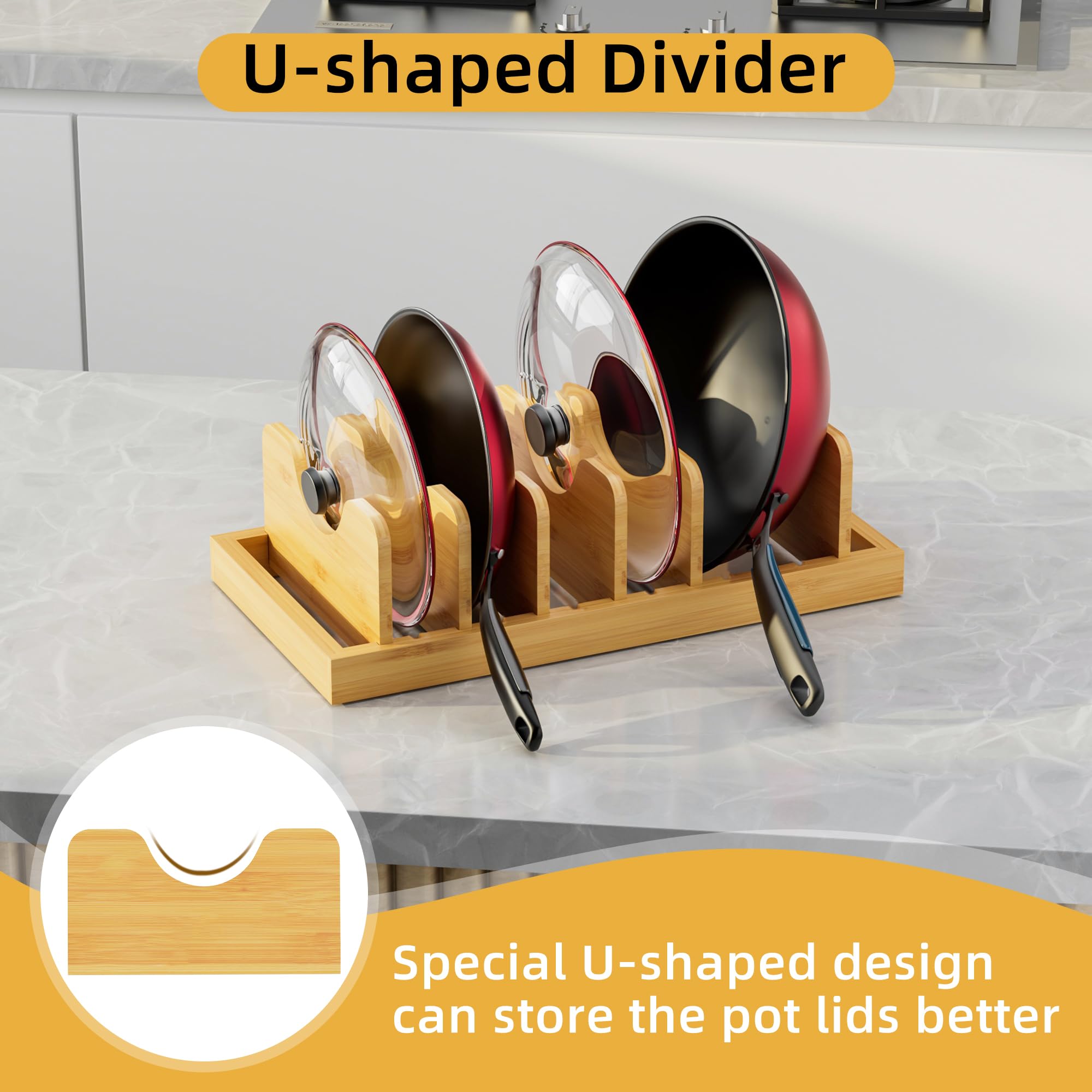 Bamboo Pot Lid Organizer Pot Lid Holder, Pot and Pan Organizer Drawer Organizer for Pot Lids, Pans, Cutting Boards & Baking Sheets, Dinner Plates, Reusable Containers in Cabinet Storage