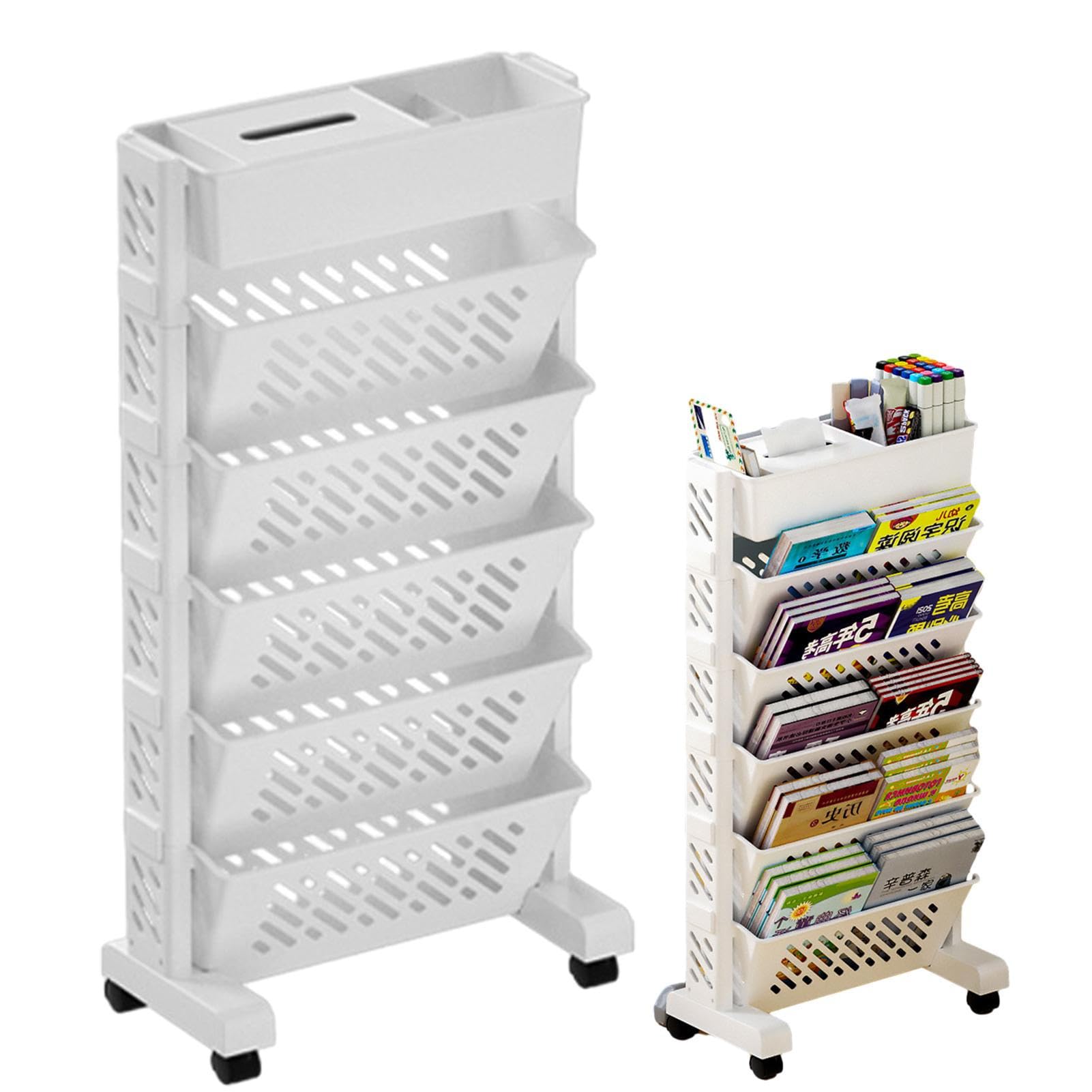 Bookshelf with Wheels, 6 Tier Movable Bookcase Organizer, Rolling Bookcase Organizer, Space Saving Mobile Bookshelf, Multiple Storage Wheeled Shelf, Mobile Book Storage Unit for School Classroom Home