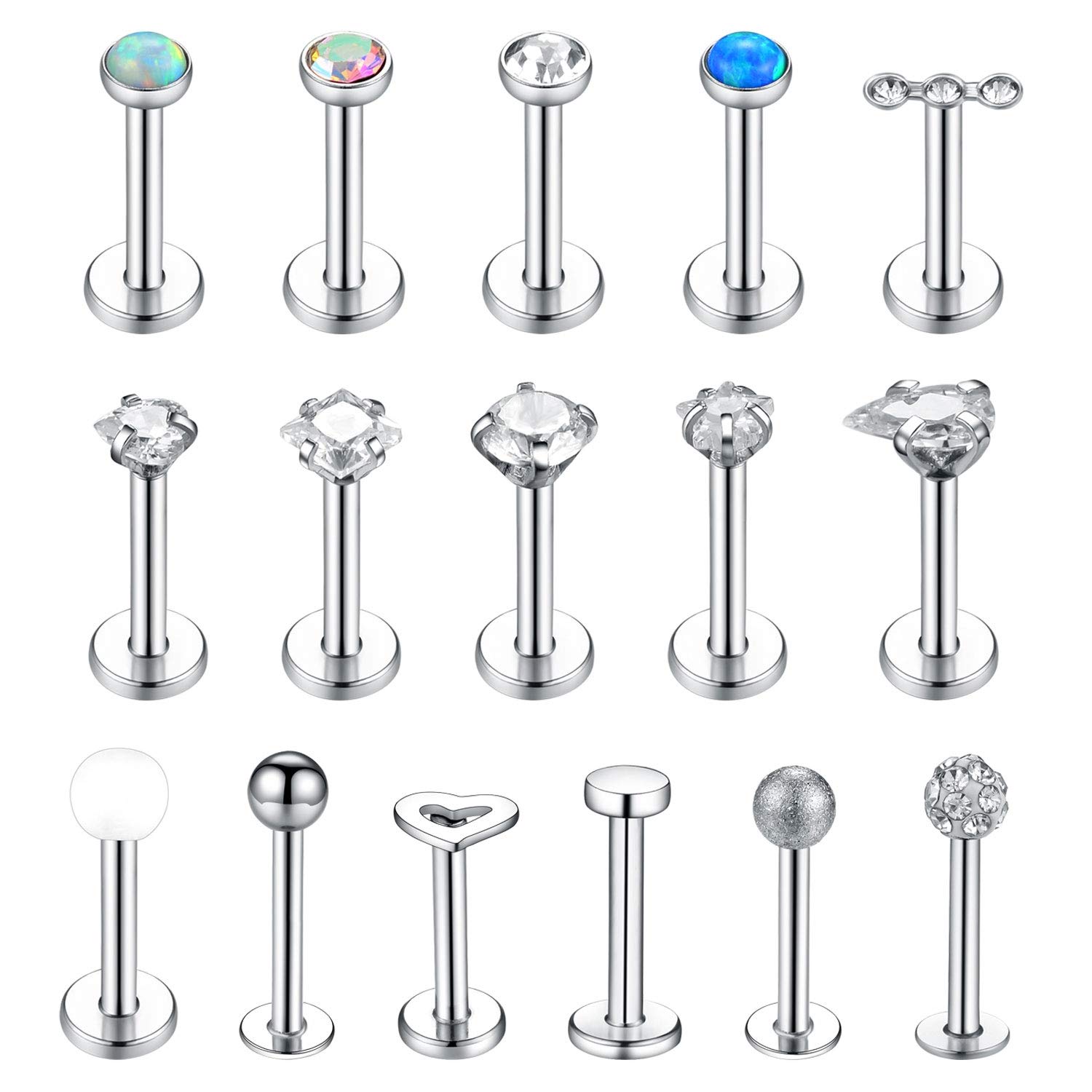 BodyJ4You 16PC Tragus Labret Nose Ring Bone Lip Stud Set 16G Surgical Steel Women Piercing Jewelry