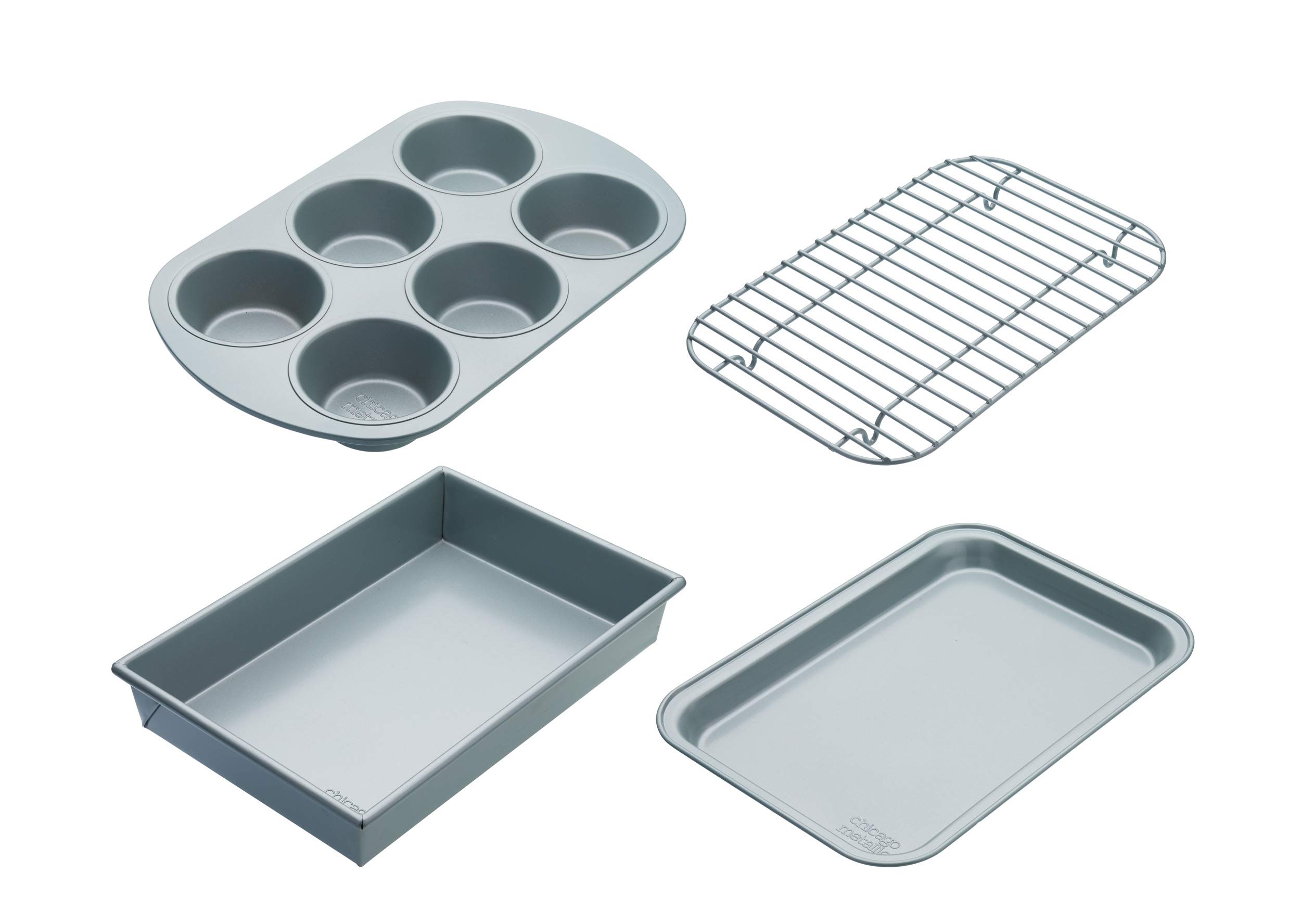 Chicago Metallic Professional Compact Baking Set with Non Stick Roasting Tin, Cupcake Tray, Baking Tray and Roasting Rack, Carbon Steel, 4 Pieces