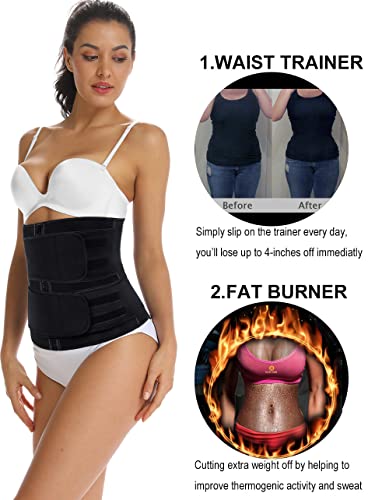 HOPLYNN Sweat Waist Trainer for Women Two Belts, Neoprene Workout Corset Waist Trainer Cincher Trimmer Shaper Zipper Black Large