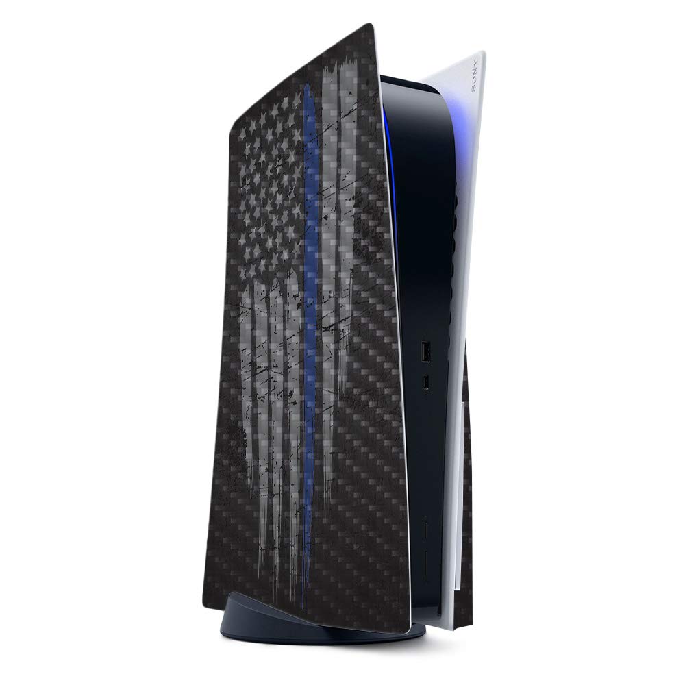MightySkins Carbon Fiber Gaming Skin for PS5 / Playstation 5 - Thin Blue Line | Durable Textured Carbon Fiber Finish | Easy to Apply | Made in The USA