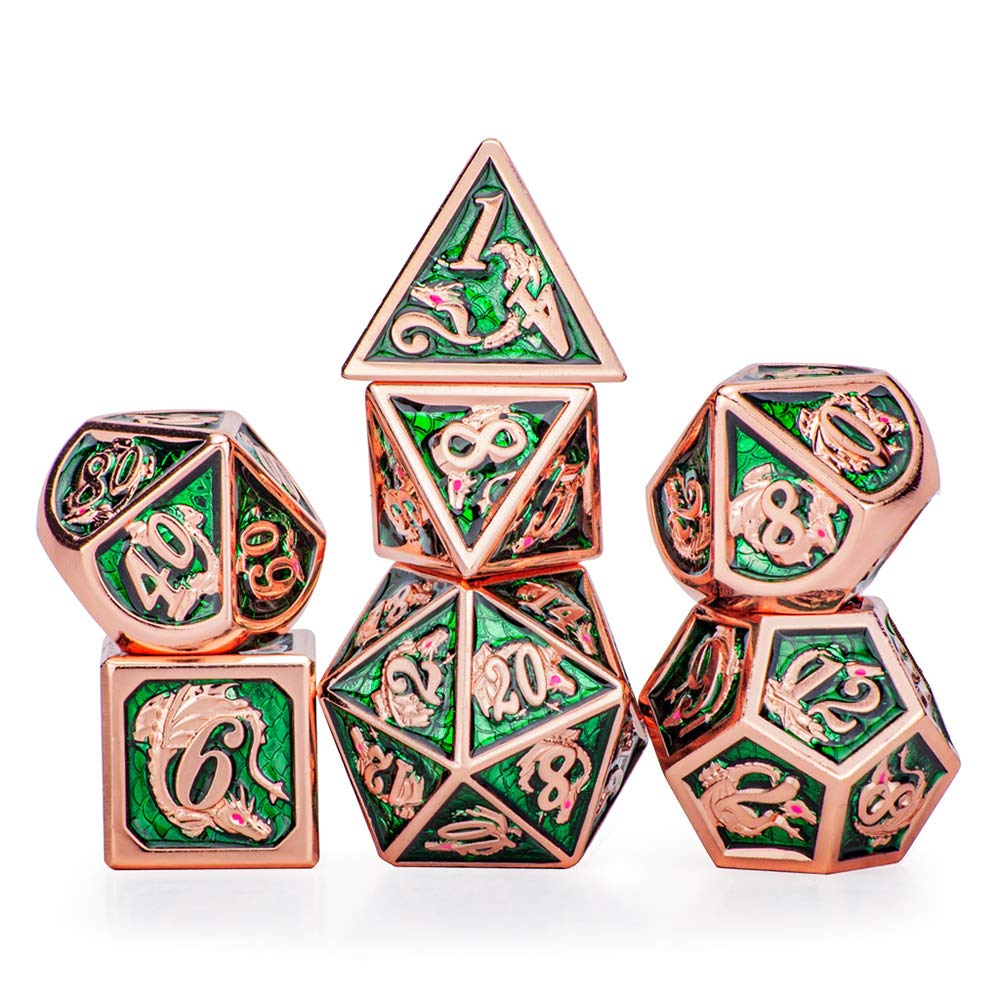 HYMGHO DND Dice Set Copper Dragon dice Enamel Green zamak with dice Box D&D Polyhedral Dice for Dungeons and Dragons dice Trpg 7 Pieces die Tabletop Games Board Gaming dice Vault