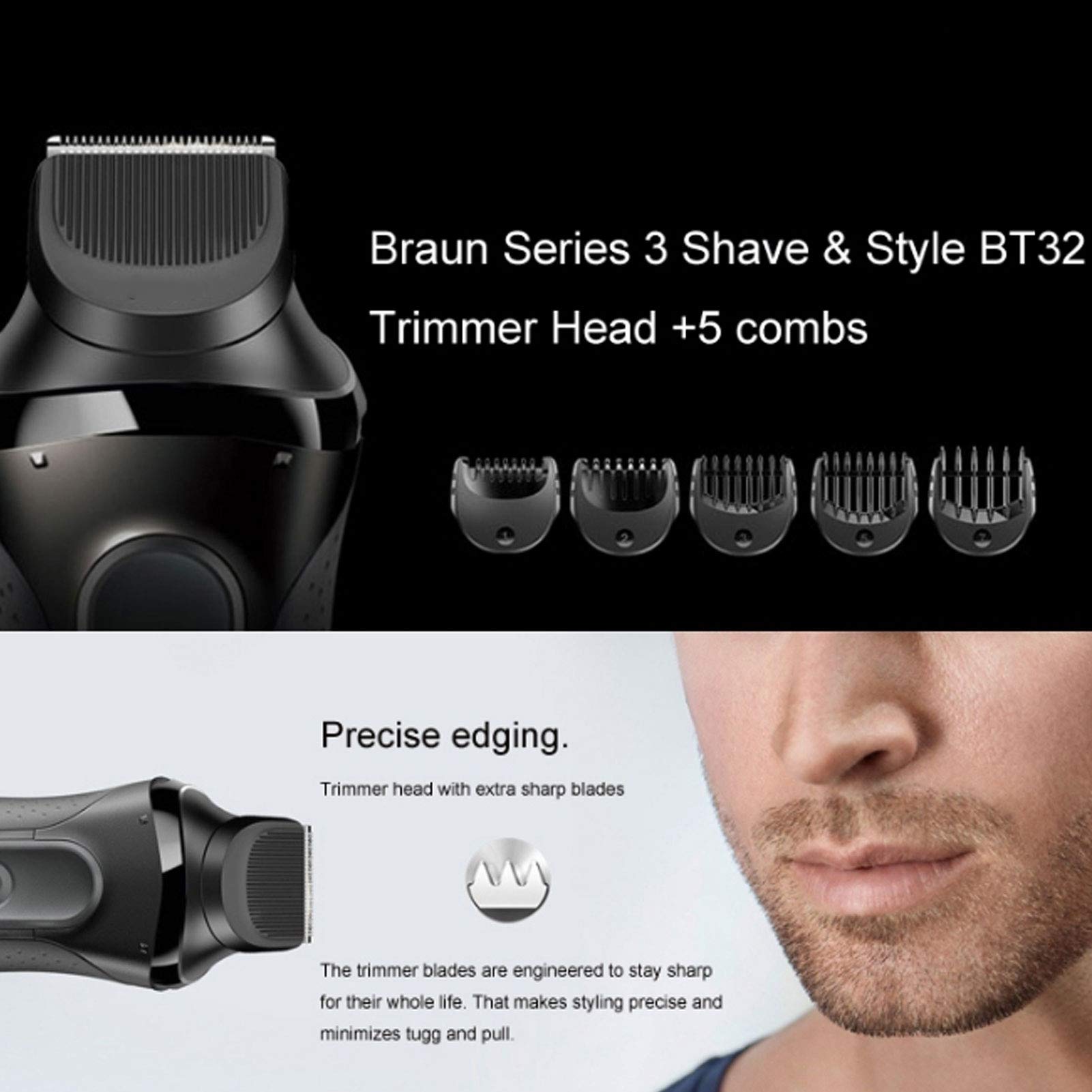 Electric Shaver Trimmer Head for Braun Series 3, Electric Razor Head with 5 x Comb 1/2/3/5/7mm, Replacement Shaver Head