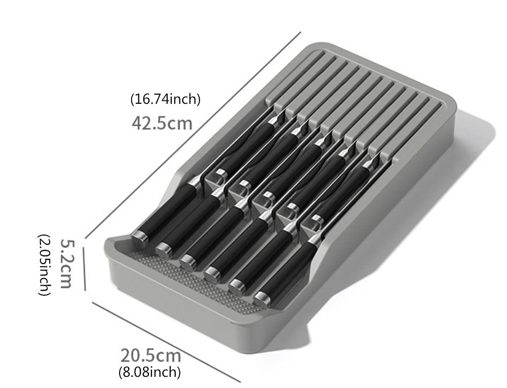 CYlovinho Kitchen Knife Drawer Organizer, Kitchen Drawer Organizer Insert Fixed 11 Knives (Without Knife), Save Space and Kitchen Safety (Gray)
