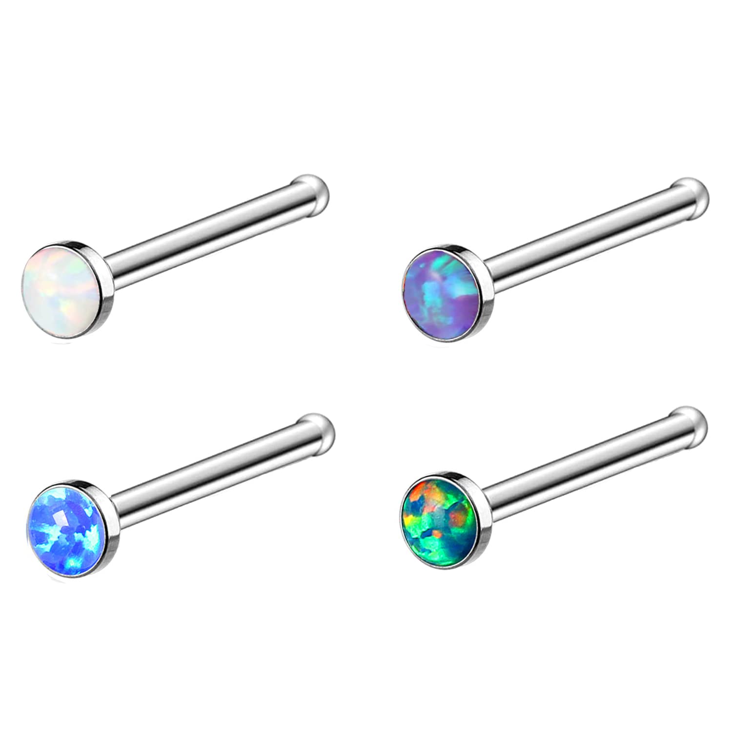 Berry Merry Craft BMC 4pcs Set 316L Surgical Steel L Bend Opal Nose Rings 20G Green, White, Purple, Blue (4pcs Stud)