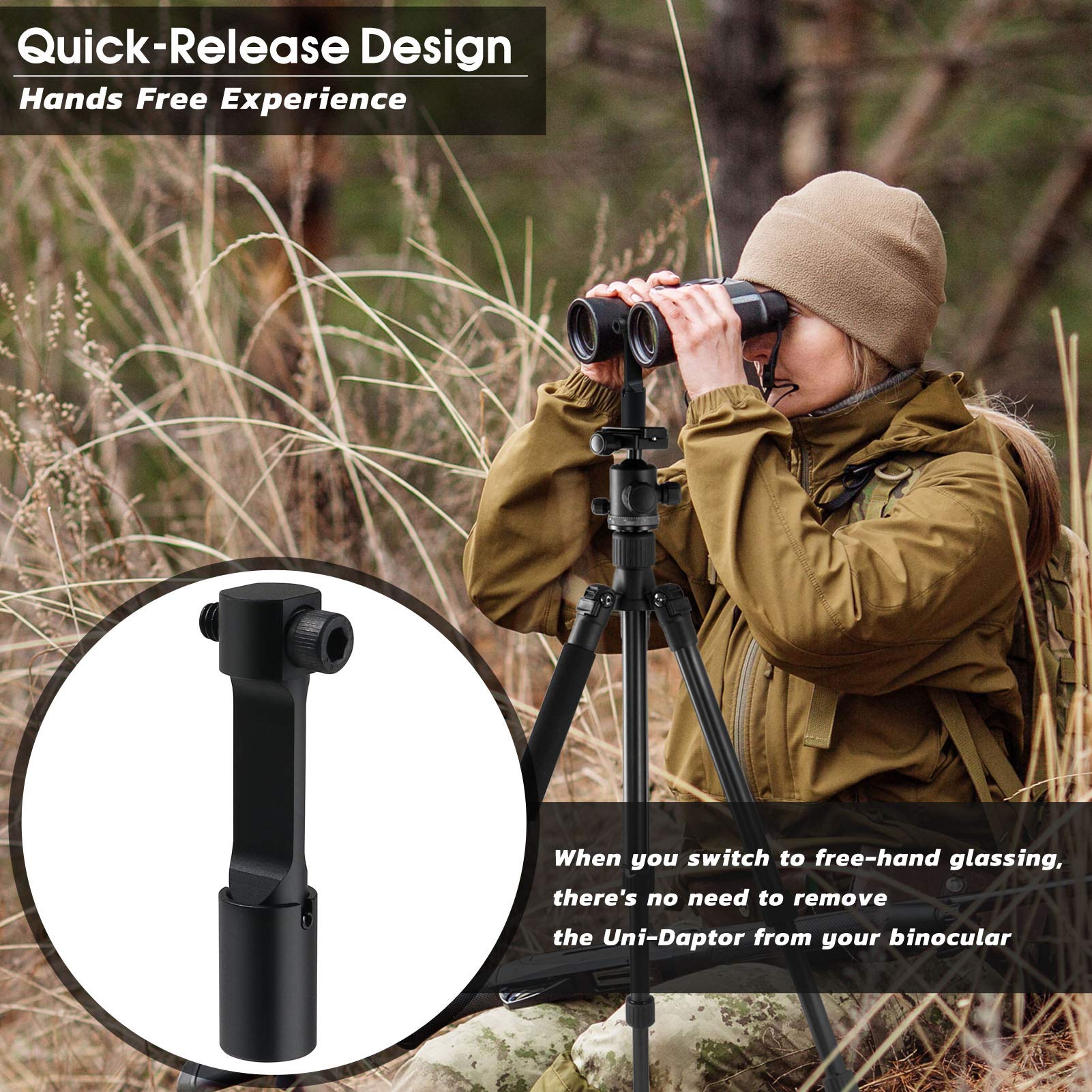 Binocular Tripod Adapter, Quick-Release Design Optics Uni-Daptor Tripod Adapter, 1/4 Inch Threading Mount Aluminium, for Connecting Binocular Telescope and Camera Tripod Universal, Black