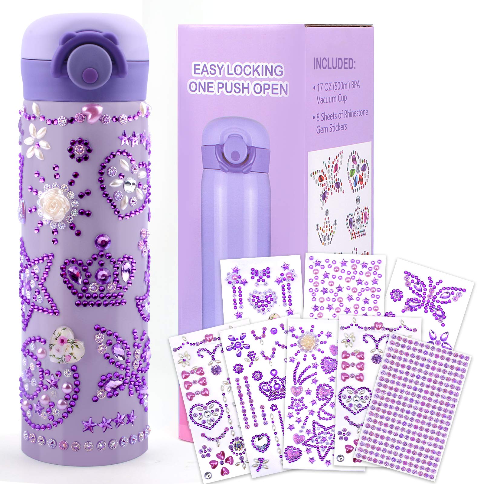 HULASO Valentines Day Gifts for Kids 7 Year Old Girls Decorate Your Own Water Bottles with Gem Stickers - DIY Gifts Arts and Crafts, BPA Free Stainless Steel Vacuum Insulated Mug (17 OZ)