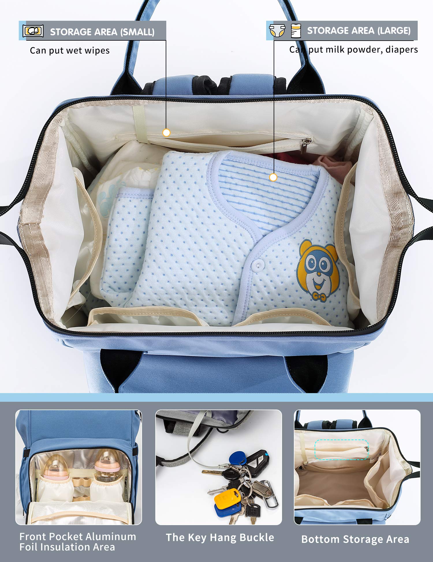 boumuno Diaper Bag Backpack Baby Changing Nappy Bags Multifunction Waterproof Maternity Large Capacity with USB Charging Port Thermal Pockets,Blue