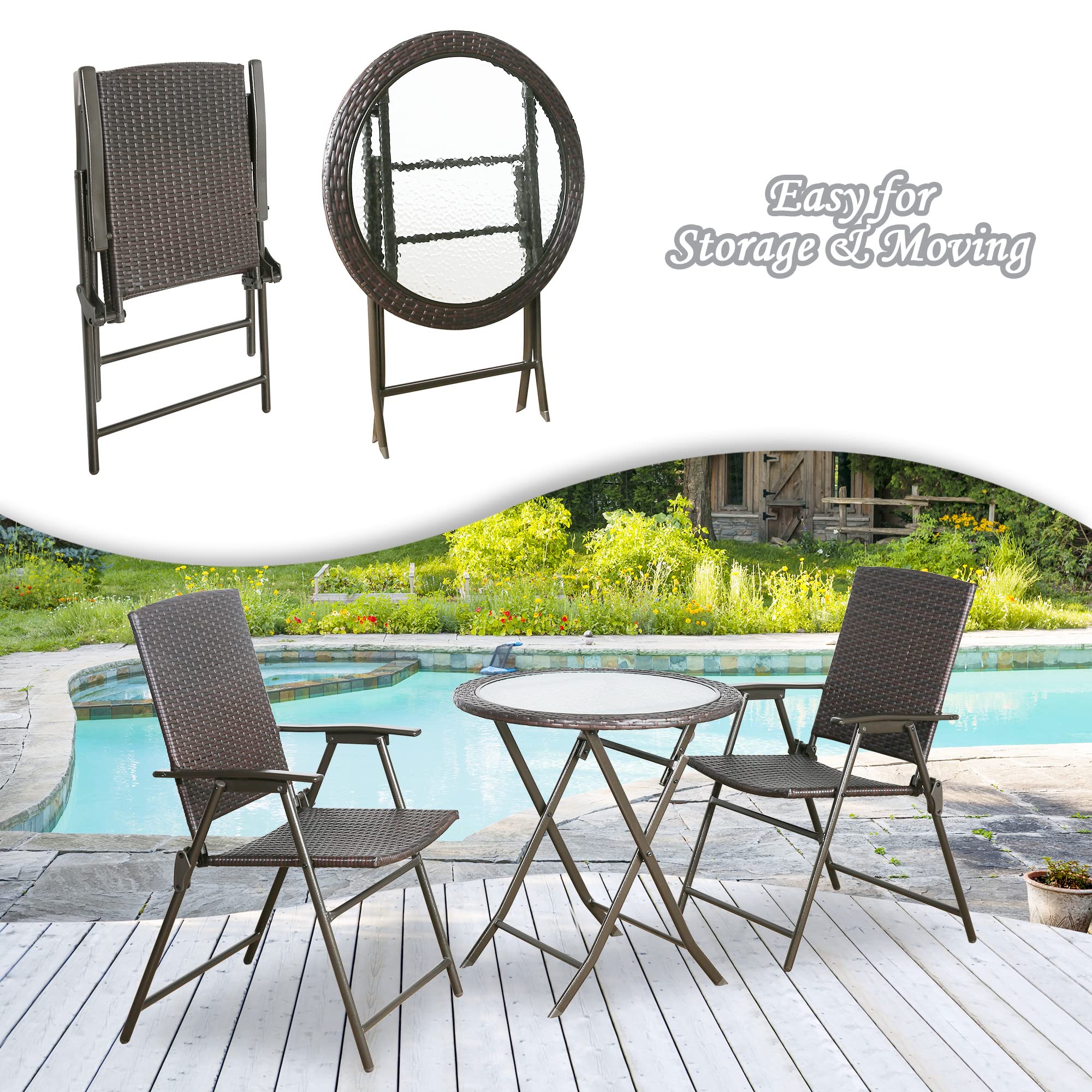 Patio Tree Outdoor Bistro Set 3 Piece Patio Furniture Wicker Table Sets with 2 Folding Chairs & 1 Folding Table, MA075