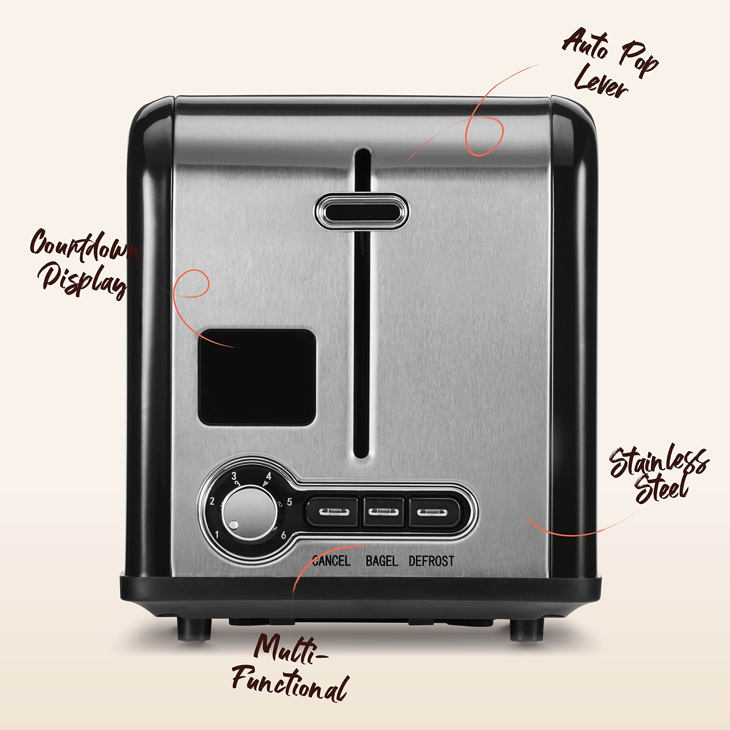Peach Street 2 Slice Toaster Compact Bread Toaster with Digital Countdown, Wide Slots, Auto-Pop Stainless Steel, 6 Browning Levels, Removable Crumb Tray, with Defrost, Bagel, and Cancel Function