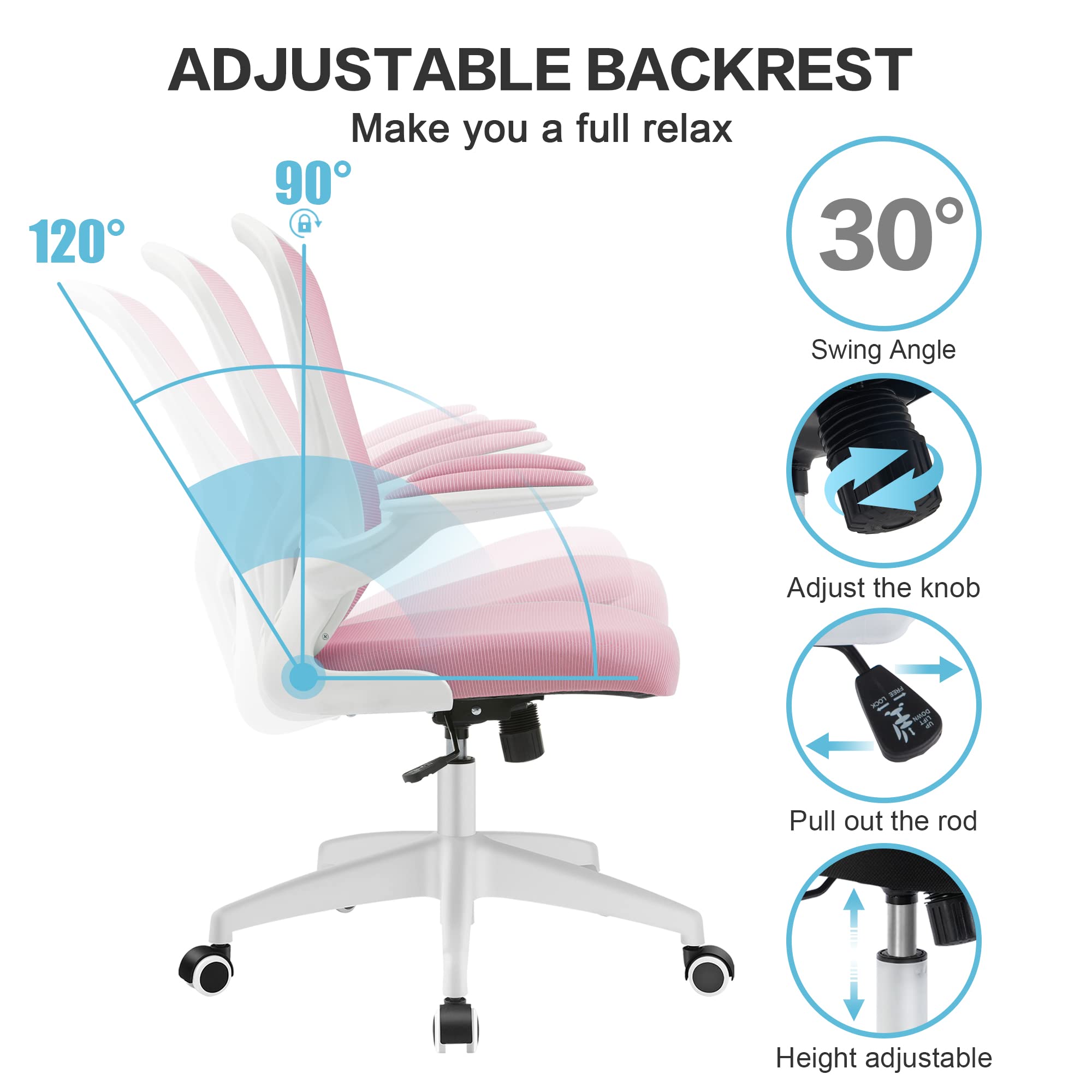 FelixKing Office Desk Chairs, Ergonomic PC Desk Chair with Wheels, Adjustable Lumbar Support and Height, Swivel Computer Chair with Flip-up Armrests, Ergo Mesh Backrest for Working (Pink)