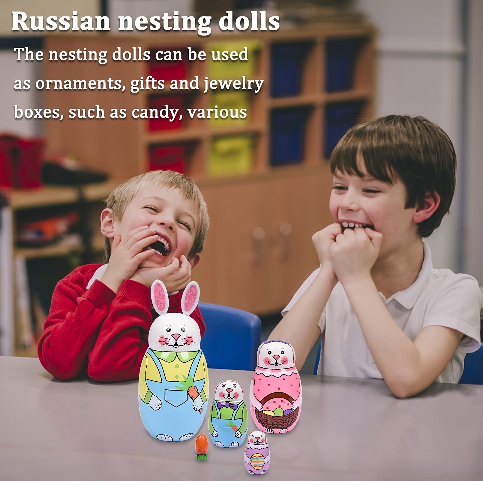 HYSIGUAN Easter Bunny, Handmade Easter Wooden Toys for Toddlers, 5 Pcs Russian Nesting Dolls, Special Easter Eggs Decoration for Home, Gifts, Table, Bedroom, Kitchen (Rabbit)
