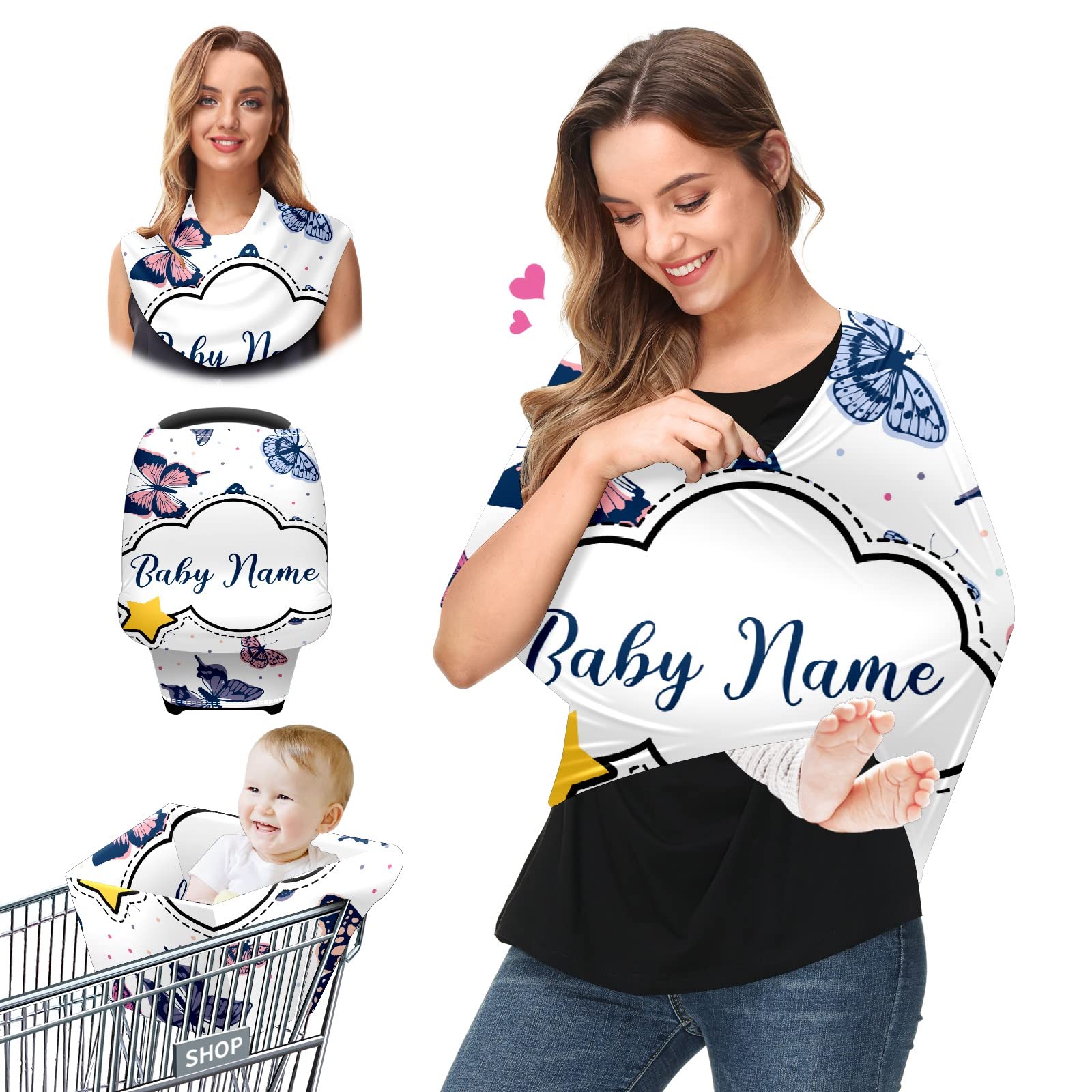 Baby Car Seat Stroller Covers Custom Name Cartoon Butterfly Nursing Cover Breastfeeding Scarf Soft Breathable Stretchy Coverage Carseat Canopy Cover for Boys and Girls Multi Use