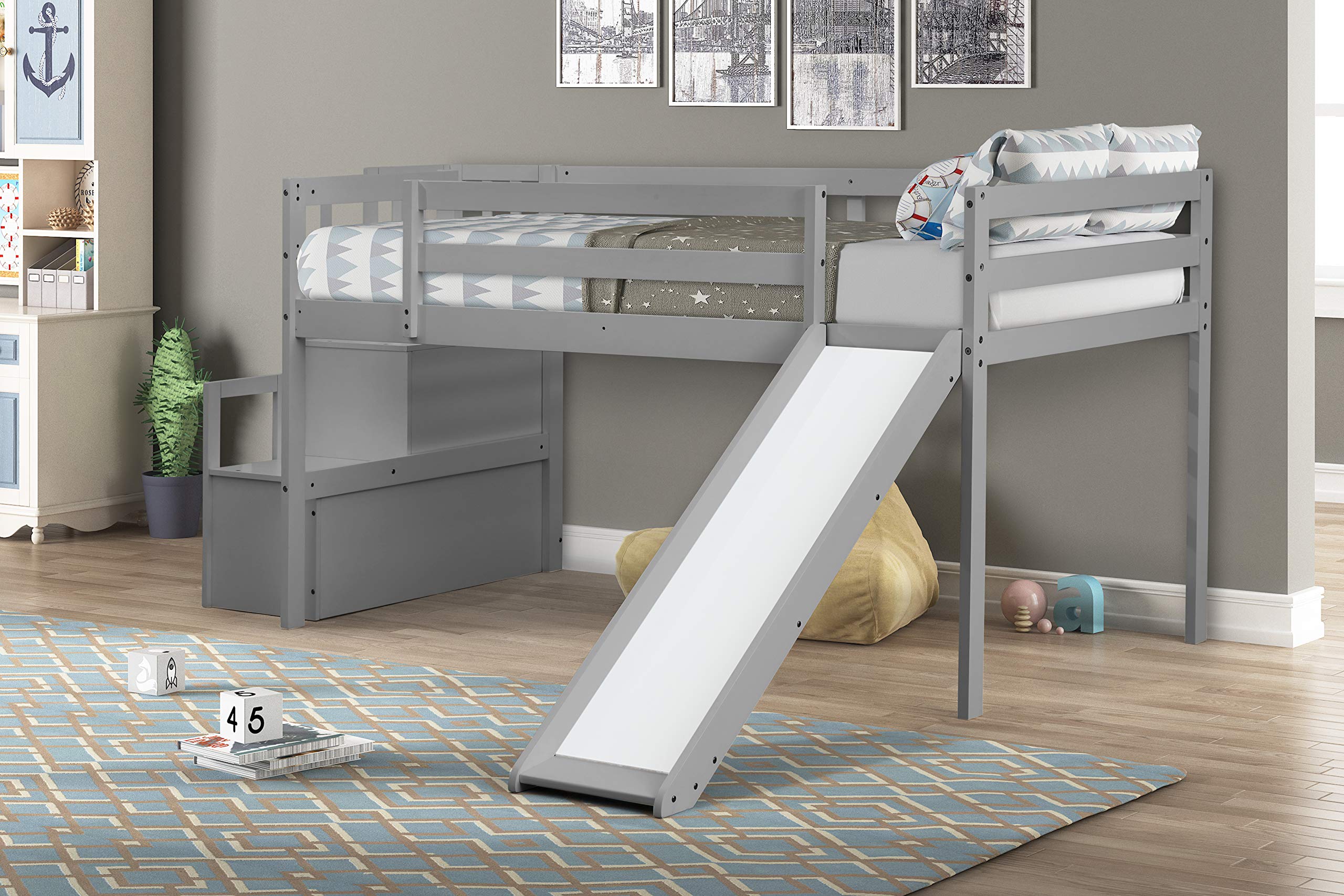 Harper & Bright Designs Twin Loft Bed with Slide and Stairs, Solid Wood Kids Loft Bed with Full-Length Safety Guardrails, for Girls Boys – Gray