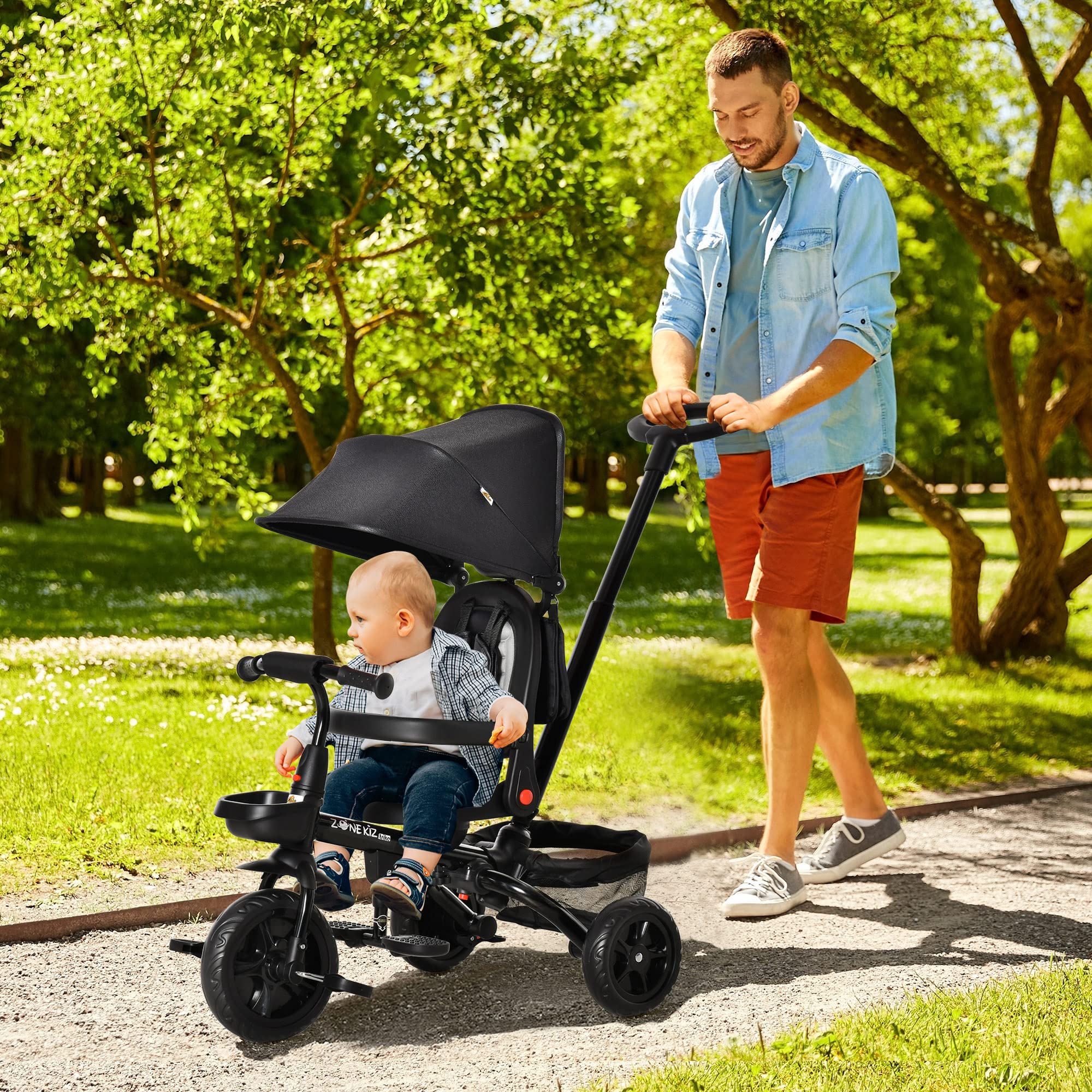 Qaba Kids Tricycle 4 in 1 Trike with Reversible Seat, 2.8'-3.1' Height Push Handle, Canopy, Handrail, Safety Belt, Storage Footrest Brake Clutch, for 1-5 Years Old, Black
