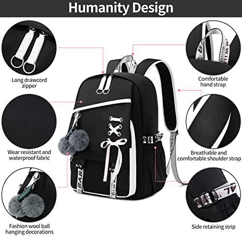 FENGDONG Teenage Girls Bookbag School Backpack Children Casual Daypack Schoolbag for Teens Black White