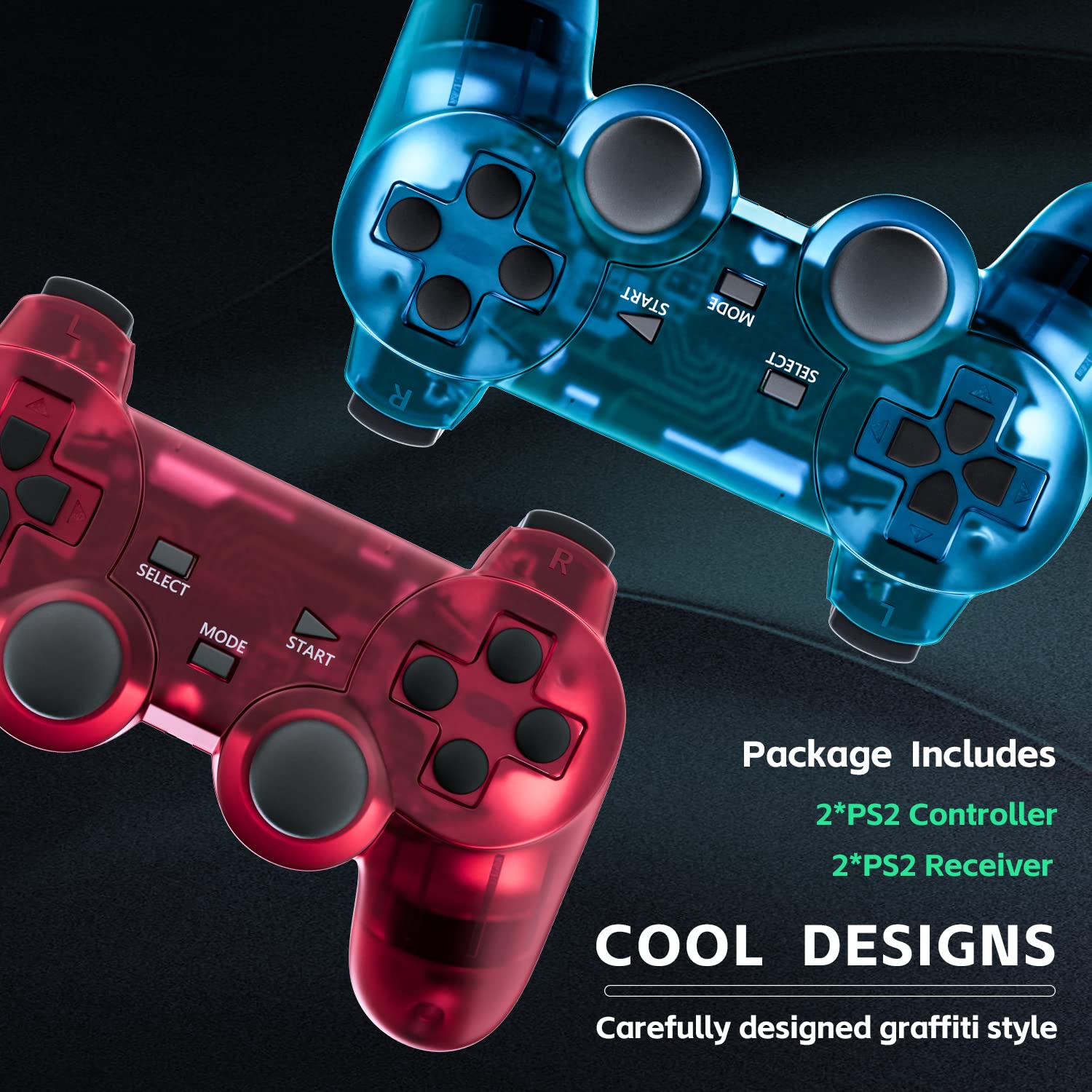 Burcica Wireless Controller for PS2 Play 2 Dual Vibration - ClearRed and ClearPurple