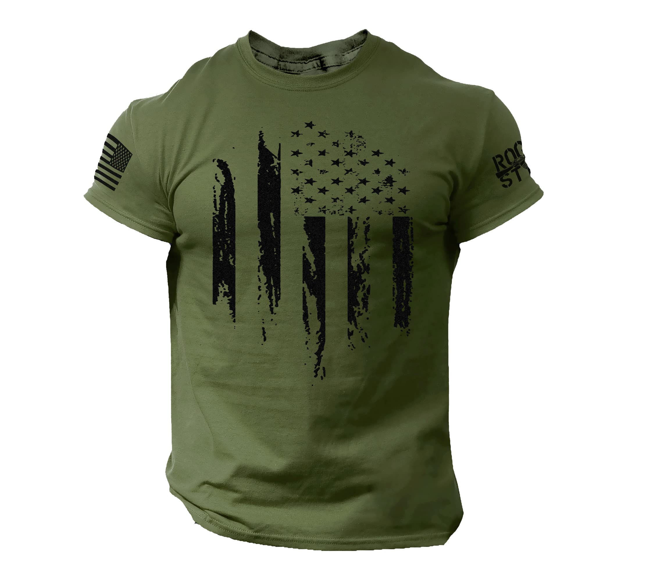 Rogue Style American Distressed Flag Men T Shirt – Patriotic Shirts for Men (Army Green, Large)