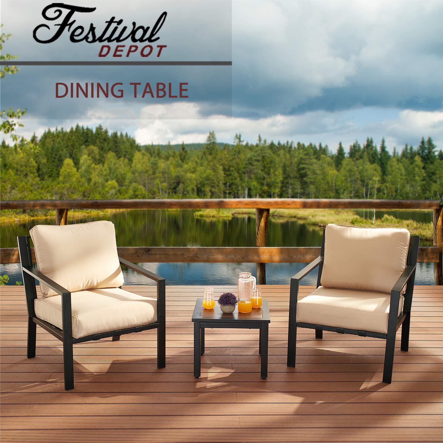 Festival Depot Patio Side Table Metal Coffee Table Table All Weather Outdoor Furniture for Bistro Porch Deck (Square)