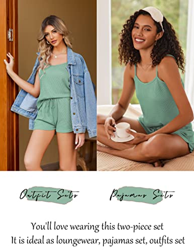 Ekouaer Pajamas for Women Waffle Knit Lounge Sets Cami Tops Shorts Loungewear S-XXL Green