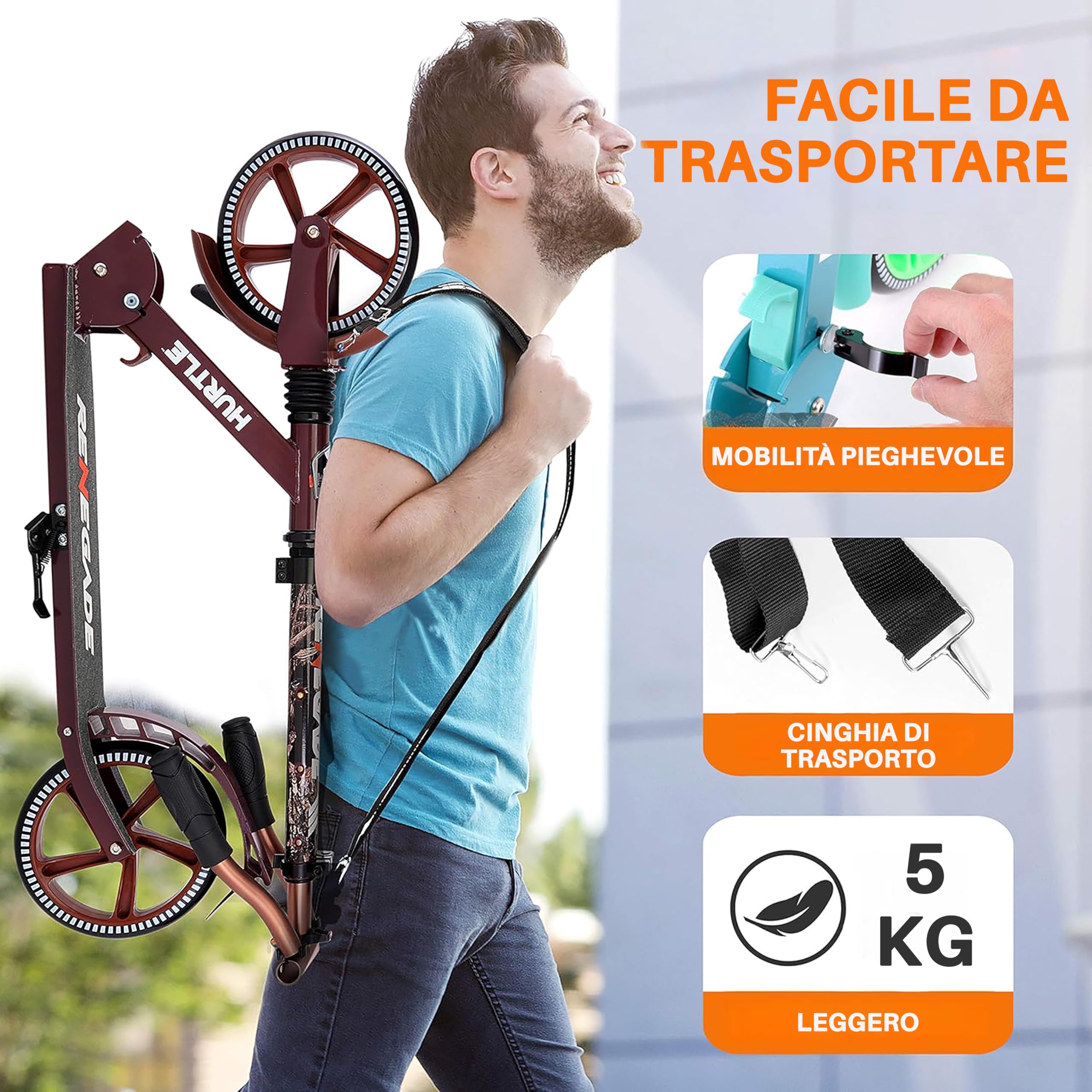 Hurtle Renegade Kick Scooters for Kids Teenagers Adults- 2 Wheel Kids Scooter with Adjustable T-Bar Handlebar - Alloy Anti-Slip Deck - Portable Folding Scooters for Kids with Carrying Strap