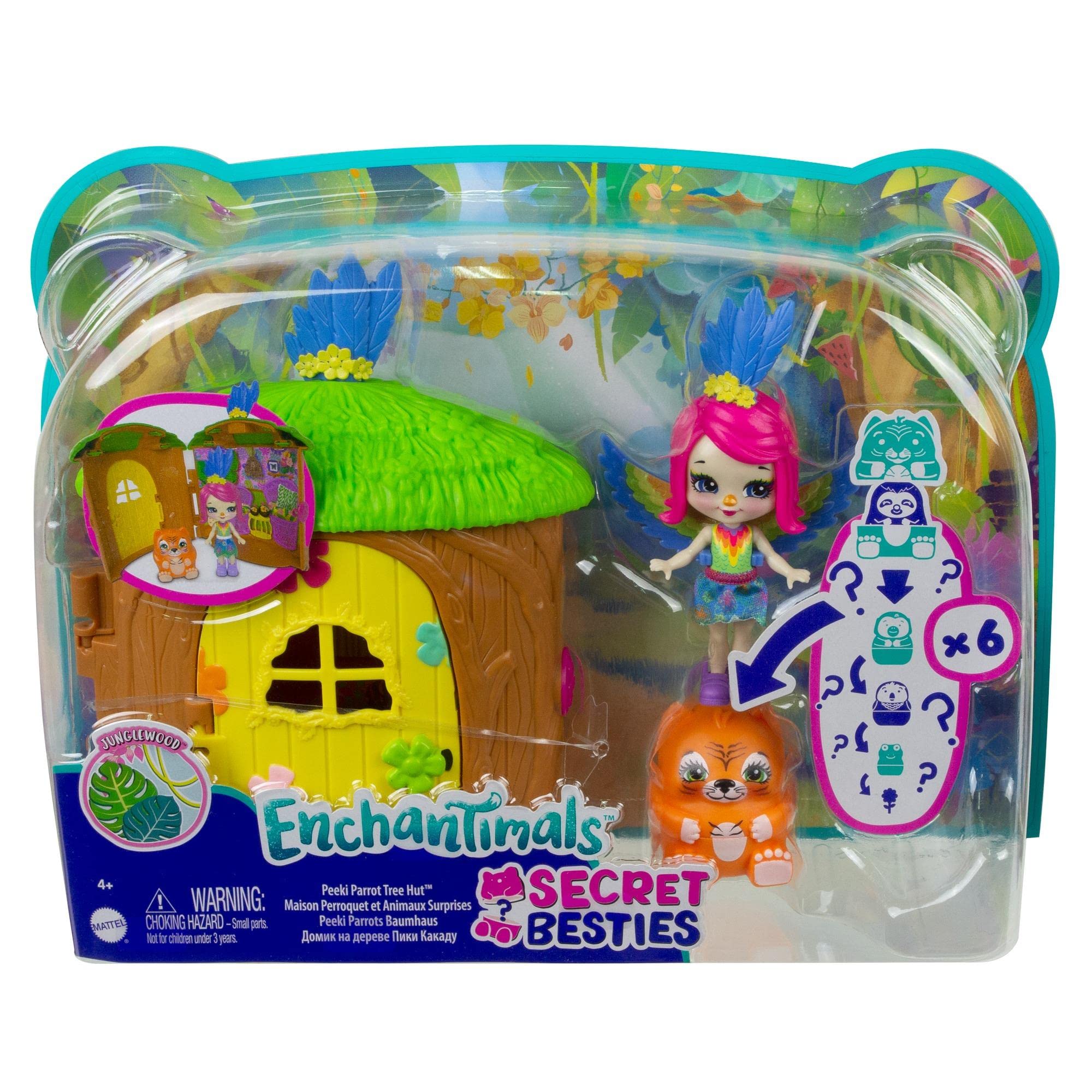 Enchantimals Secret Besties Tree Hut Playset with Small Doll House, Peeki Parrot Doll (3.5-inch), 5 Nesting Animal Figures & Accessory, Junglwood Toy Collection