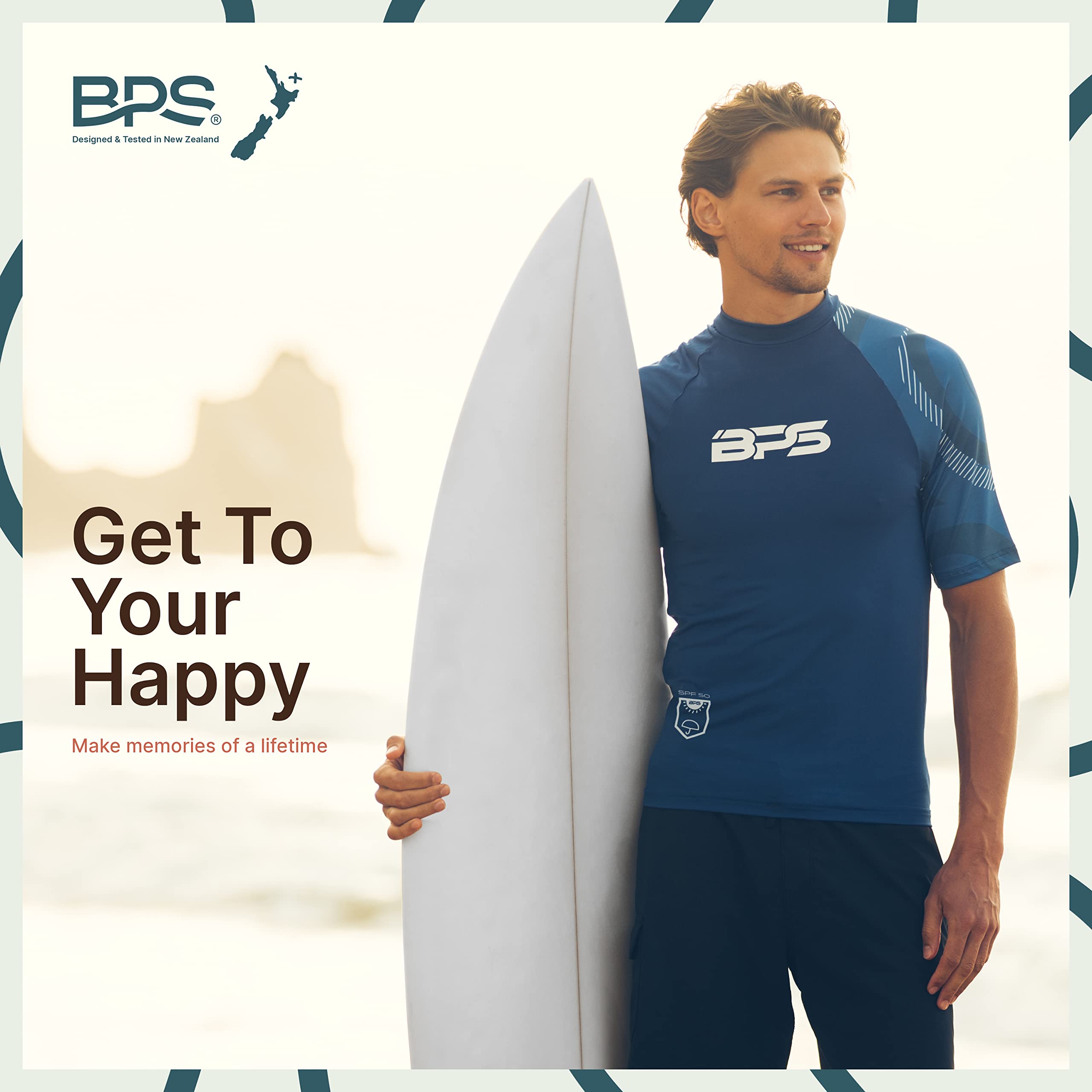 BPS Men's Short Sleeve Swim Shirt/Rash Guard with Sun Protection (Patterned Navy Blue, XXL)