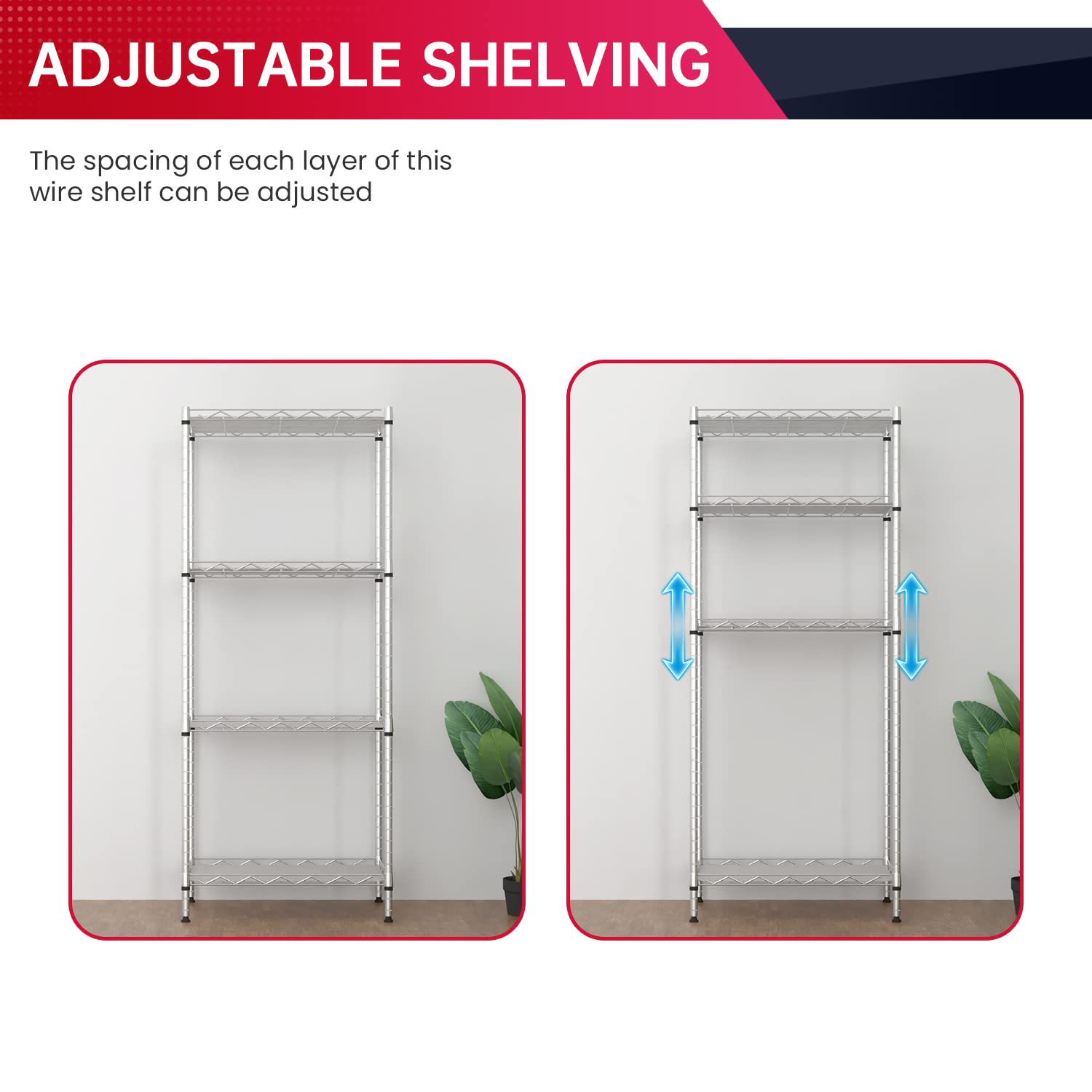 BestOffice 4-Shelf Adjustable Storage Shelving Unit Metal Rack Wire Shelf 600Lbs Capacity with 4 PP Sheets 18L x 12W x 44H for Laundry Bathroom Kitchen Garage,Chrome