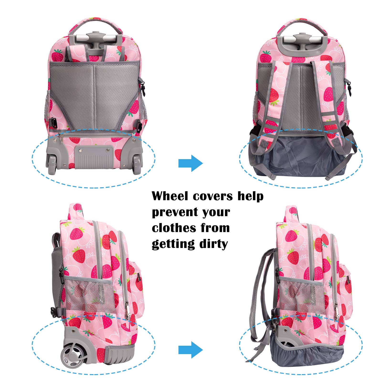 BAMIFEI 18 inches Wheeled Rolling Backpack Multi-Compartment College Books Laptop Bag Business Trip Carry-on, Strawberry
