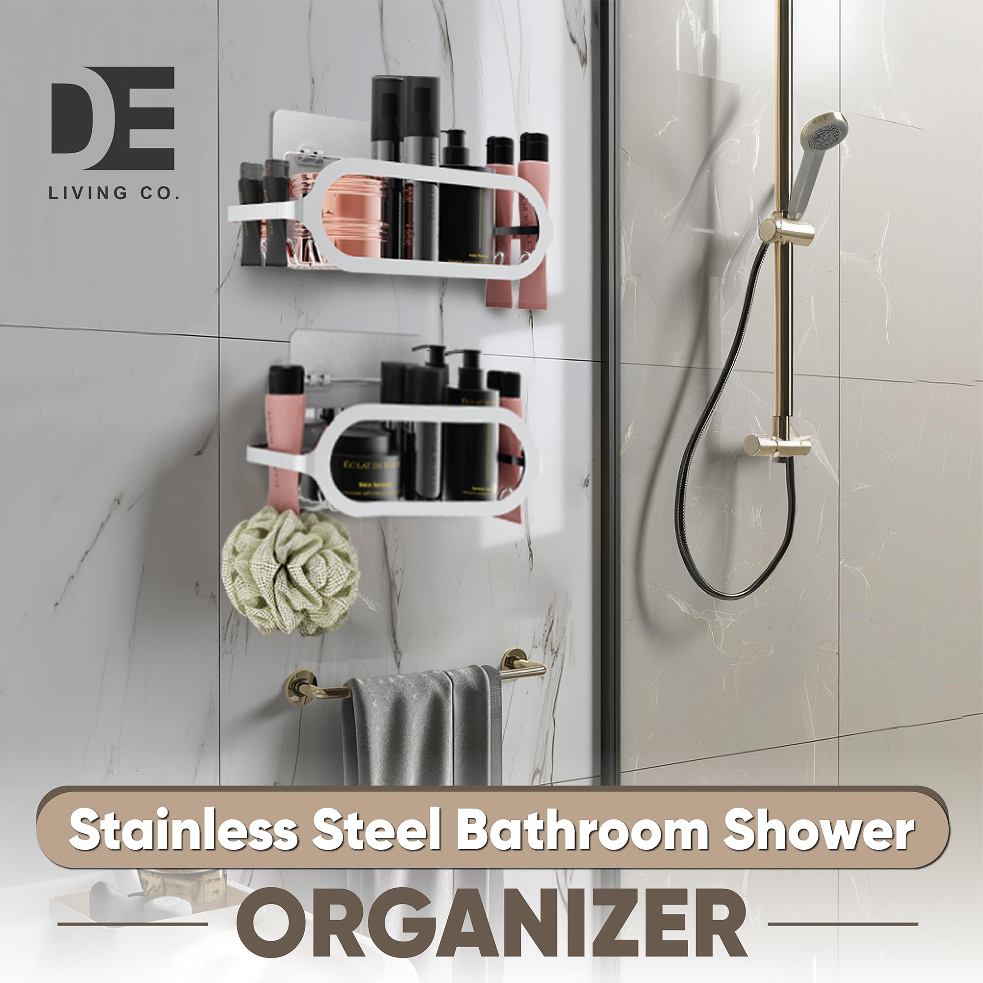 D&E Living Co. Modern Shower Shelf Adhesive Bathroom Shower Organizer Stainless Steel Shower Caddy Adhesive, Elegant Rust-Proof Shower Rack, No Drilling Shower Storage, Shower Wall Organizer- Silver