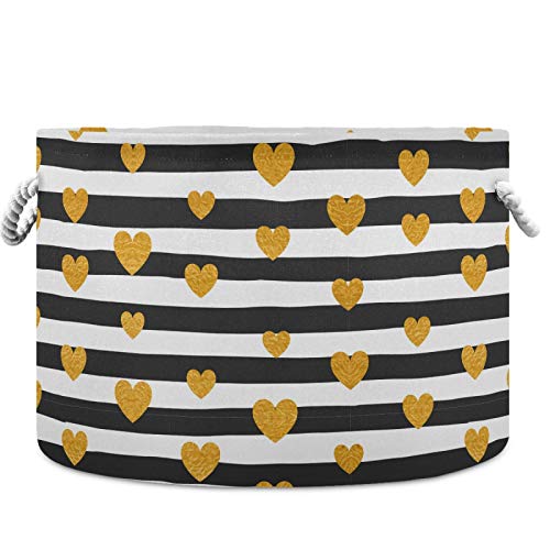 visesunny Collapsible Large Capacity Basket Gold Heart Black White Striped Clothes Toy Storage Hamper with Durable Cotton Handles Home Organizer Solution for Bathroom, Bedroom, Nursery, Laundry,Closet