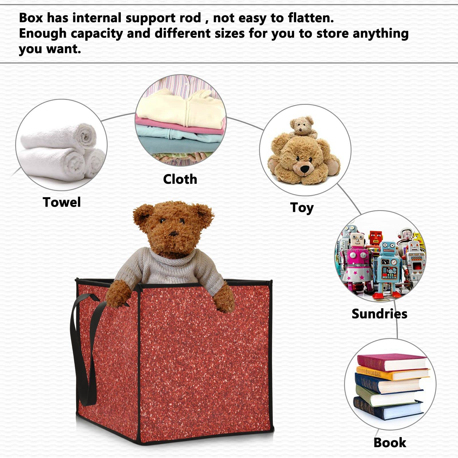 Blueangle Red Glitter Texture Cube Storage Bin with Handles, 13 x 13 x 13 in, Large Collapsible Organizer Storage Basket for Home Décor(477)