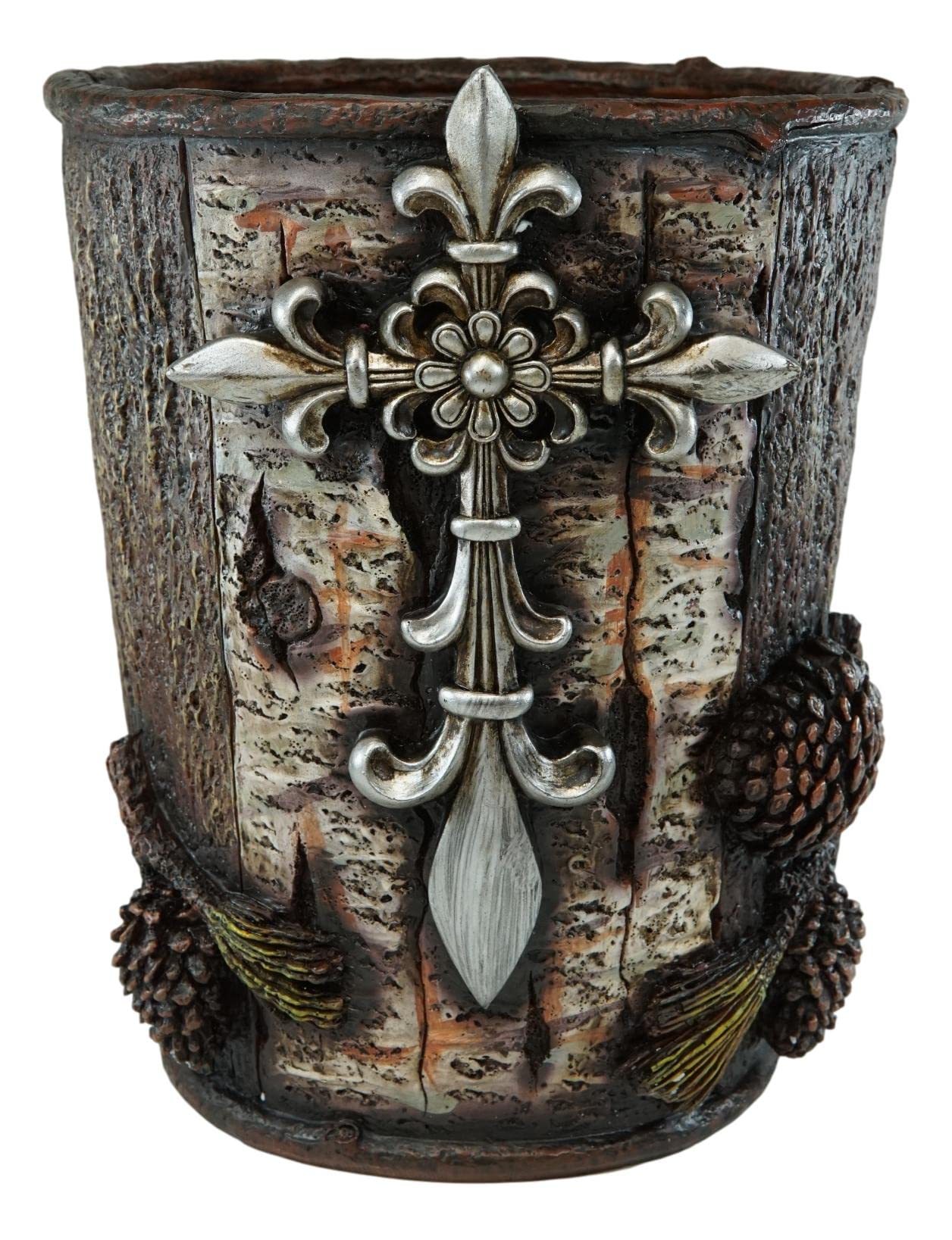 Ebros Gift Rustic Southwestern Inspirational Le Fleur Cross with Birch and Pinecones Bathroom Accessory Resin Sculpture Fleur De Lis Accent (Dry Waste Basket Trash Bin)