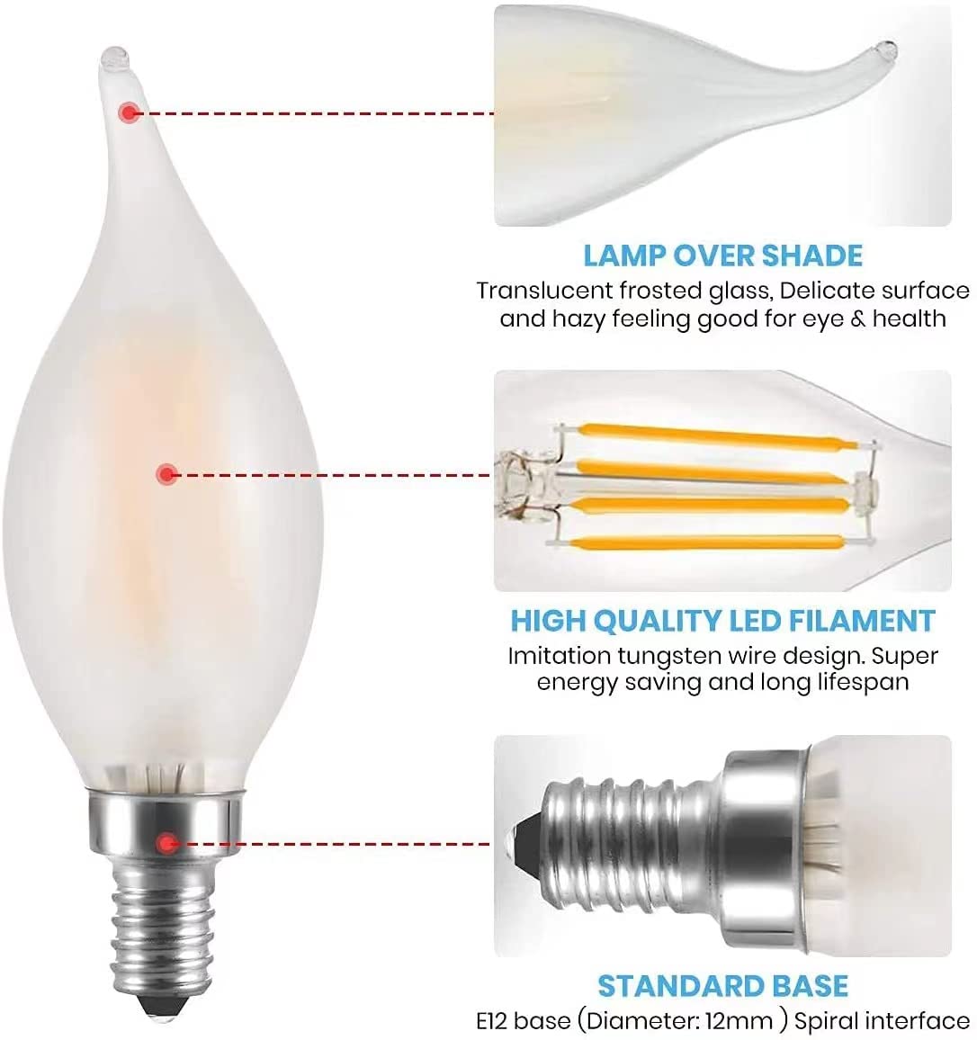E12 LED Candelabra Bulb,4W Vintage Edison Style Light Bulbs, 40 Watt Equivalent,2700K Warm Soft White 400LM, Dimmable Candle Bulbs, C35 Frosted Glass Flame Shape Bent Tip(6pack)