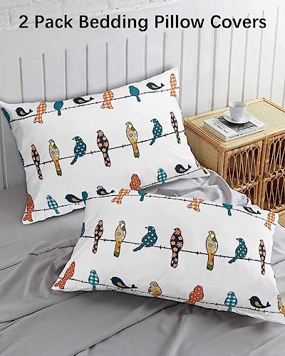 Edwiinsa Orange Teal Plaid Pillow Covers Standard Size Set of 2 20x26 Bed Pillow, Rustic Turquoise Spring Floral Birds Plush Soft Comfort for Hair/Skin Cooling Pillowcases with Envelop Closure