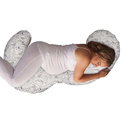 Boppy Total Body Pregnancy Pillow with Removable, Breathable Pillow Cover | Gray Scattered Leaves | Plush Full-Body Support | Prenatal and Postnatal Positioning