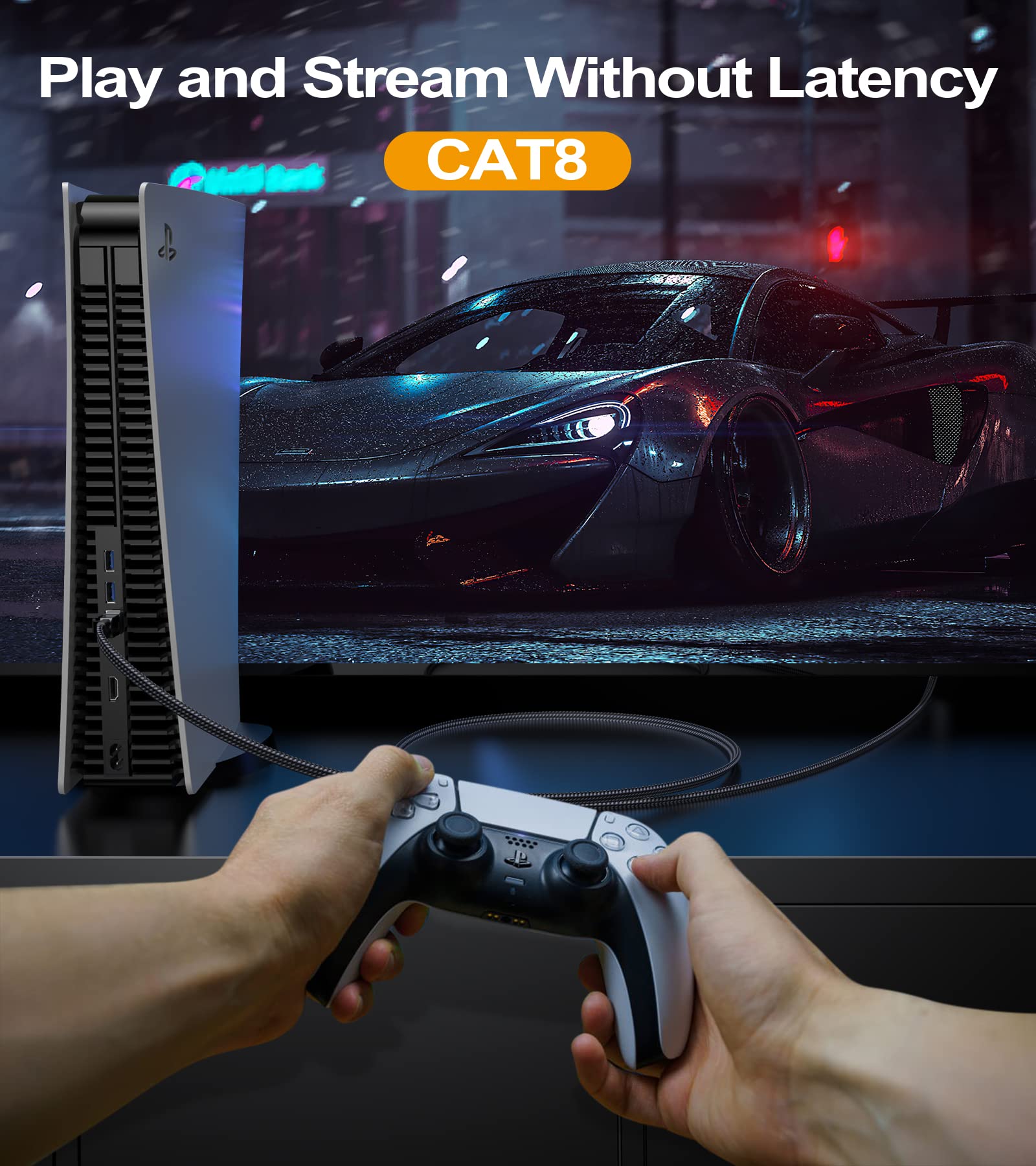 Cat 8 Ethernet Cable 10ft,Nylon Braided High Speed Heavy Duty 40Gbps 2000Mhz Flat Network LAN Patch Cord SFTP RJ45 Internet Cable Shielded in Wall, Indoor&Outdoor for Router,Modem,Gaming,PS5,Switch