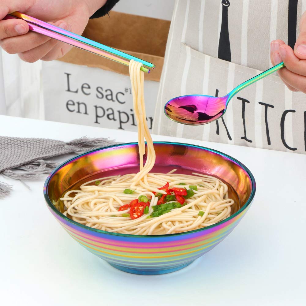 Buy THINGS! Ramen Noodle Soup Bowl,2 Sets Double Layer 18/8 Stainless Steel Bowl(7.09 inch), with Matching Spoon and Chopsticks (Rainbow)