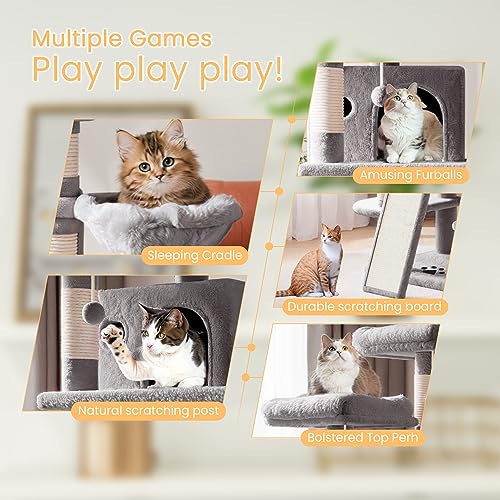 SHA CERLIN 68 Inches Multi-Level Large Cat Tree for Large Cats/Big Cat Tower with Cat Condo/Cozy Plush Cat Perches/Sisal Scratching Posts and Hammocks/Cat Activity Center Play House, Grey