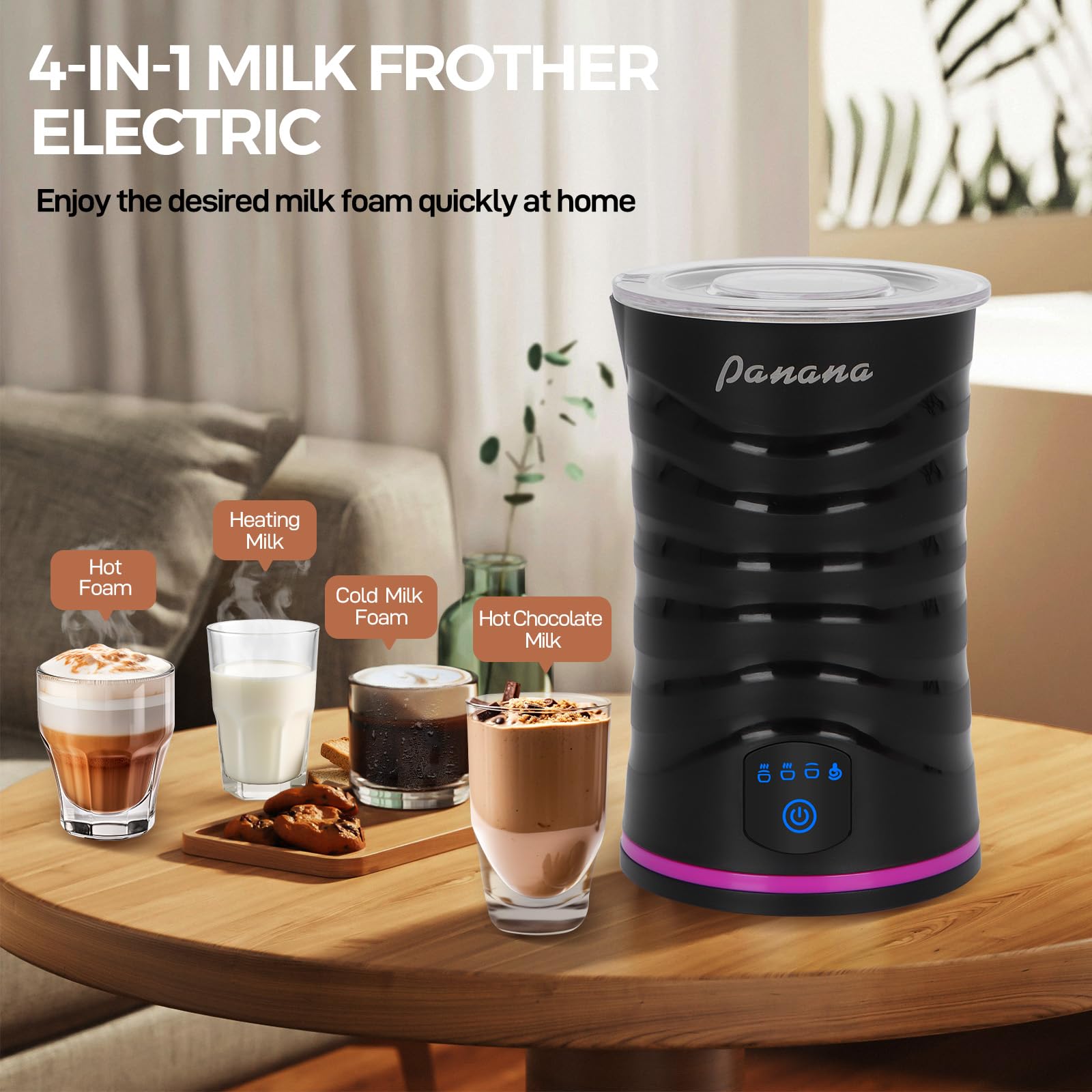 Electric Milk Frother, Automatic Milk Steamer, 4-IN-1 Hot & Cold Foam Maker-8.4oz/240ml Milk Warmer for Latte, Cappuccinos, Silent Operation & Shut-off (Black)