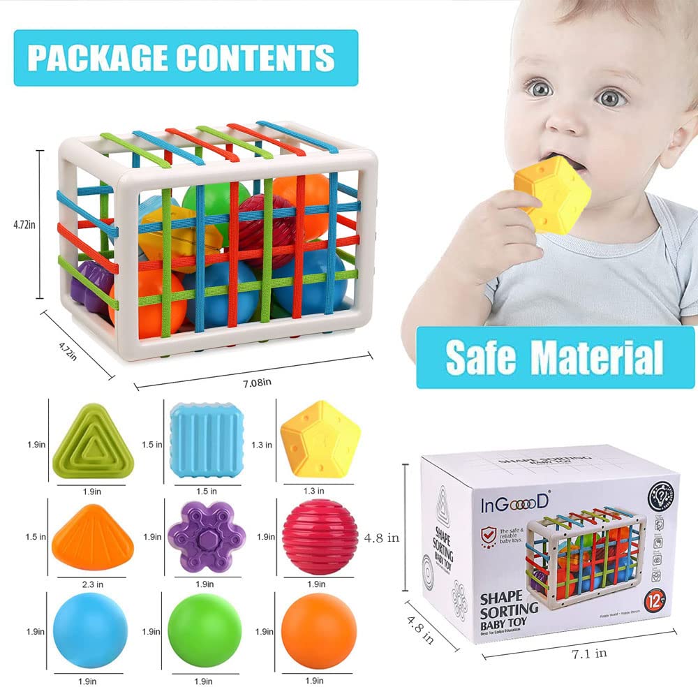 Ingooood Baby Shape Sorting Toy,Sensory Sorting Bin with Elastic Bands,Montessori Toys for 1-3 Year Old (Classic-12 Piece)
