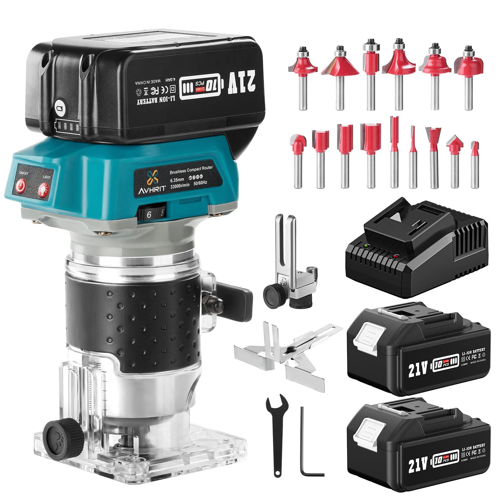 Avhrit Cordless Compact Router, Wood Router Tool With 2PCS 4.0Ah Batteries, 21V Brushless Portable Handheld Palm Routers for Woodworking, Wood Trimmer Cutting with 15 pieces 1/4" Router Bits Set