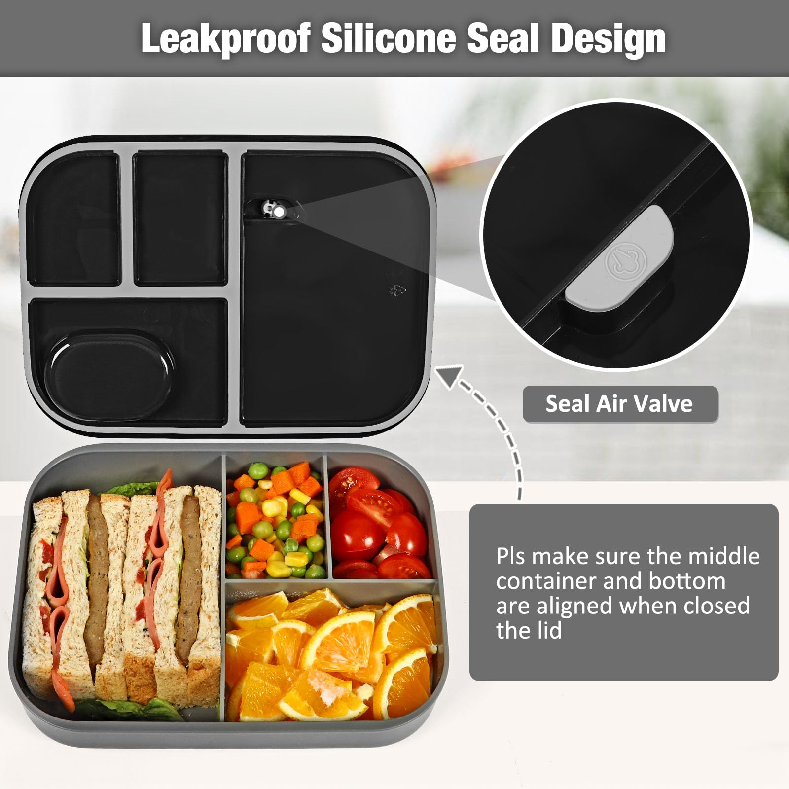 Caperci Bento Box Adult Lunch Box - Stackable Leakproof 47oz Lunch Containers for Adults with Sauce Container - Idea for Office, On-the-go, Microwave/Dishwasher Safe, BPA Free (Black)