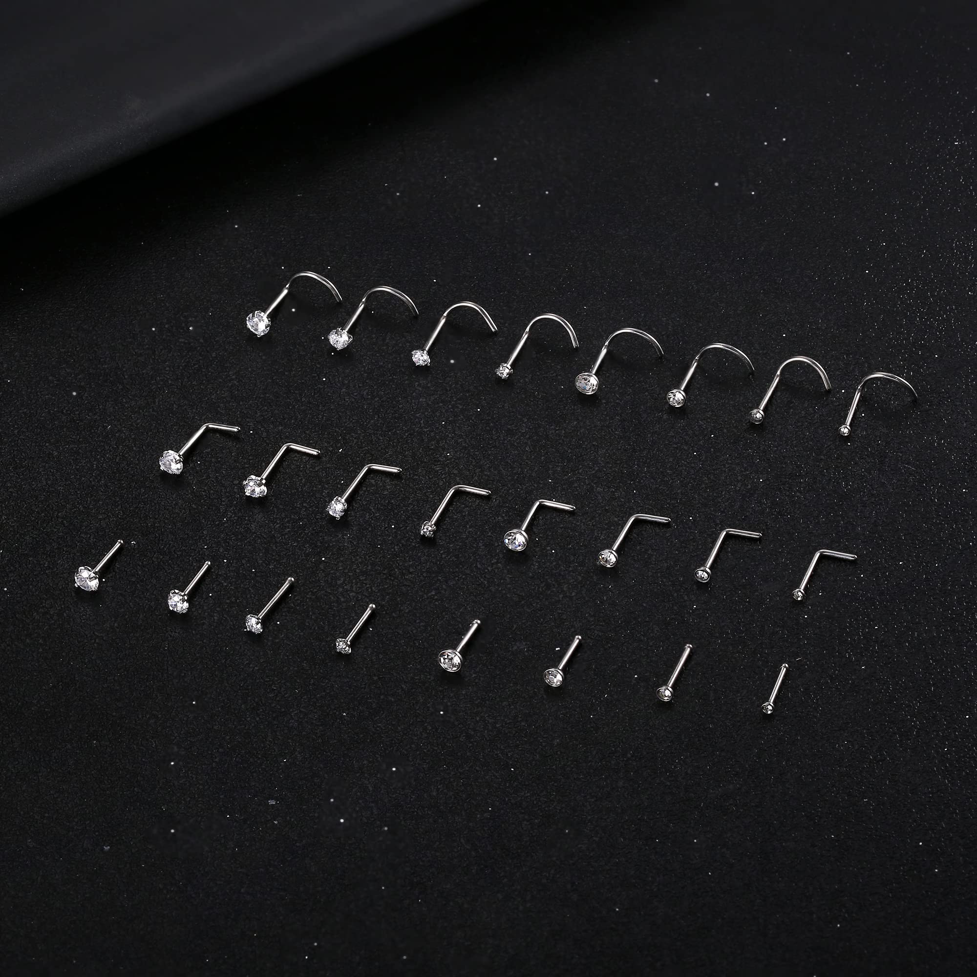 Besteel G23 Titanium 20G Nose Rings Studs for Women Men Clear Diamond CZ Nostril Piercing Jewelry Straight/Screw/L Shaped Nose Studs Set 1.5mm 2mm 2.5mm 3mm 8PCS Screw Shaped