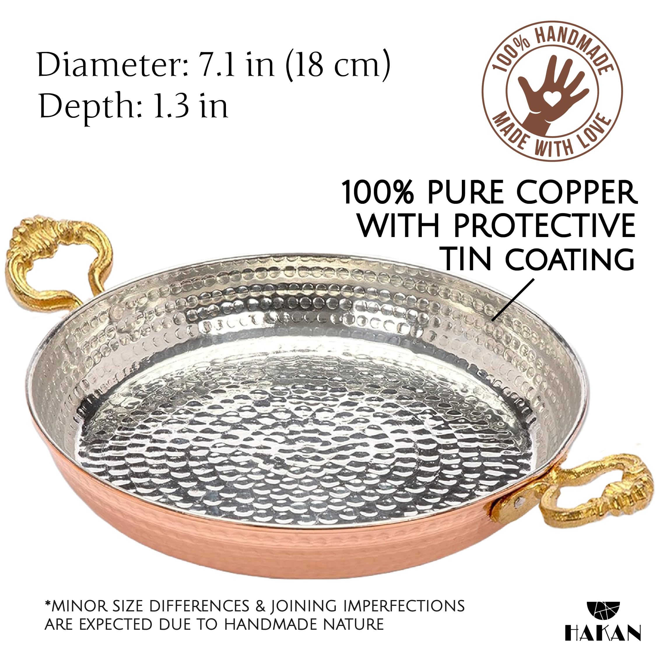 Hakan Copper Round Chef Pan | Traditional Ottoman Style Handmade Copper Frying Pan | Authentic Design Copper Cookware | Hand-Crafted Hammered Copper Sahan | Turkish Egg Omelet Skillet, 7β