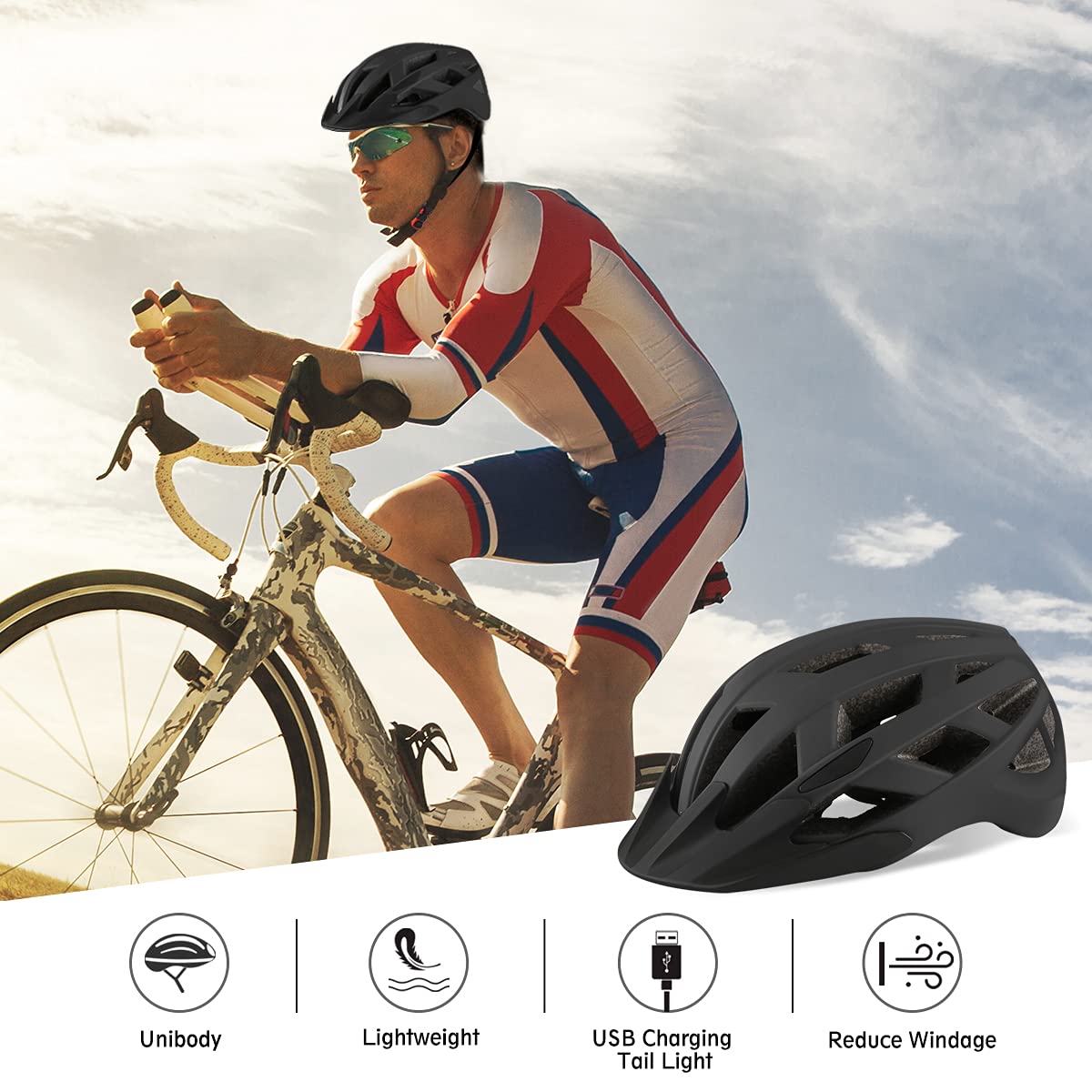 Bike Helmet for Men Women LED Rear Light Mountain Bike Helmet for Adults with Replacement Pads & Detachable Visor Adjustable Bicycle Helmets