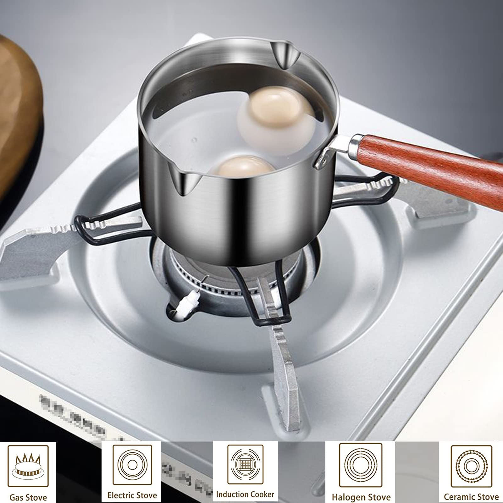 Butter warmer, Stainless Steel Turkish Coffee Pot, Milk Warmer, Chocolate Melting Pot, Small Saucepan with Heat Resistand Wooden Handle and Dual Pour Spout(8.45OZ/ 250ML)