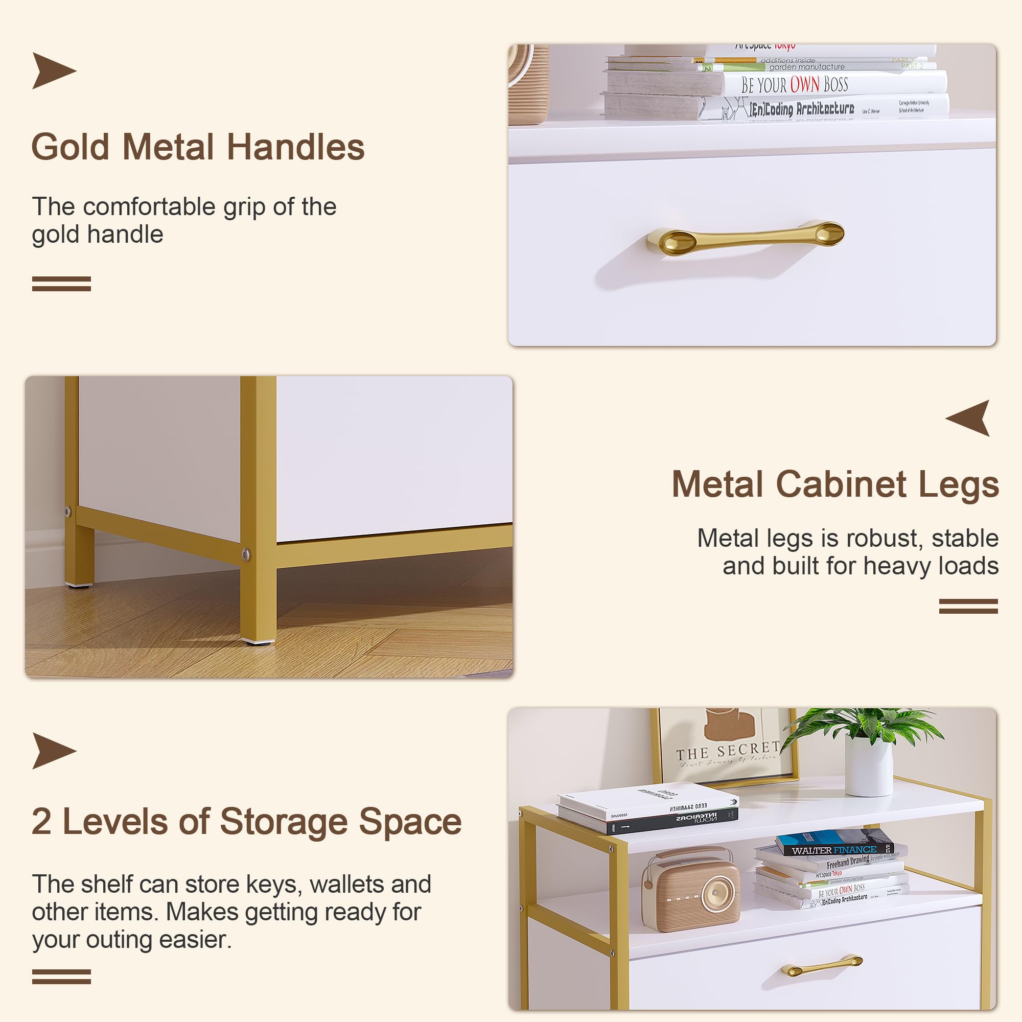 VECELO Shoe Storage Cabinet with 2 Flip Drawers for Entryway, Modern Slim Hidden Freestanding Organizer with Metal Legs for Hallway, Living Room, Large Capacity, Suit for Size to 8, White