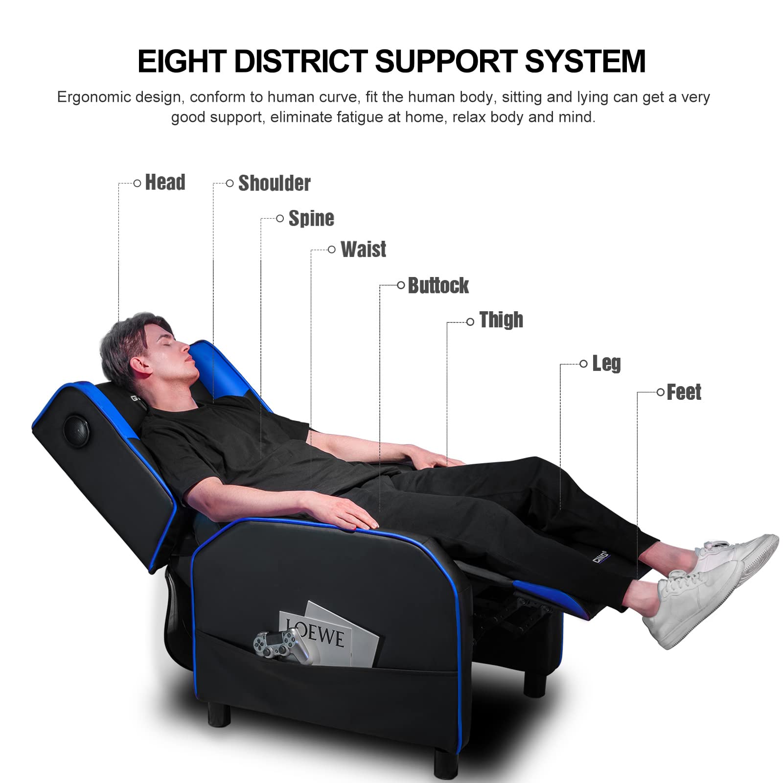 GTRACING Gaming Recliner Chair with Bluetooth Speakers Racing Style Single Gaming Sofa Modern Living Room Recliners Ergonomic Comfortable Massage Home Theater Seating, Blue